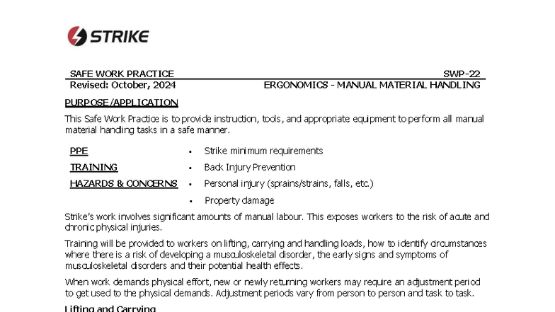SWP 22: Ergonomics Manual for Safe Material Handling Practices - Studocu