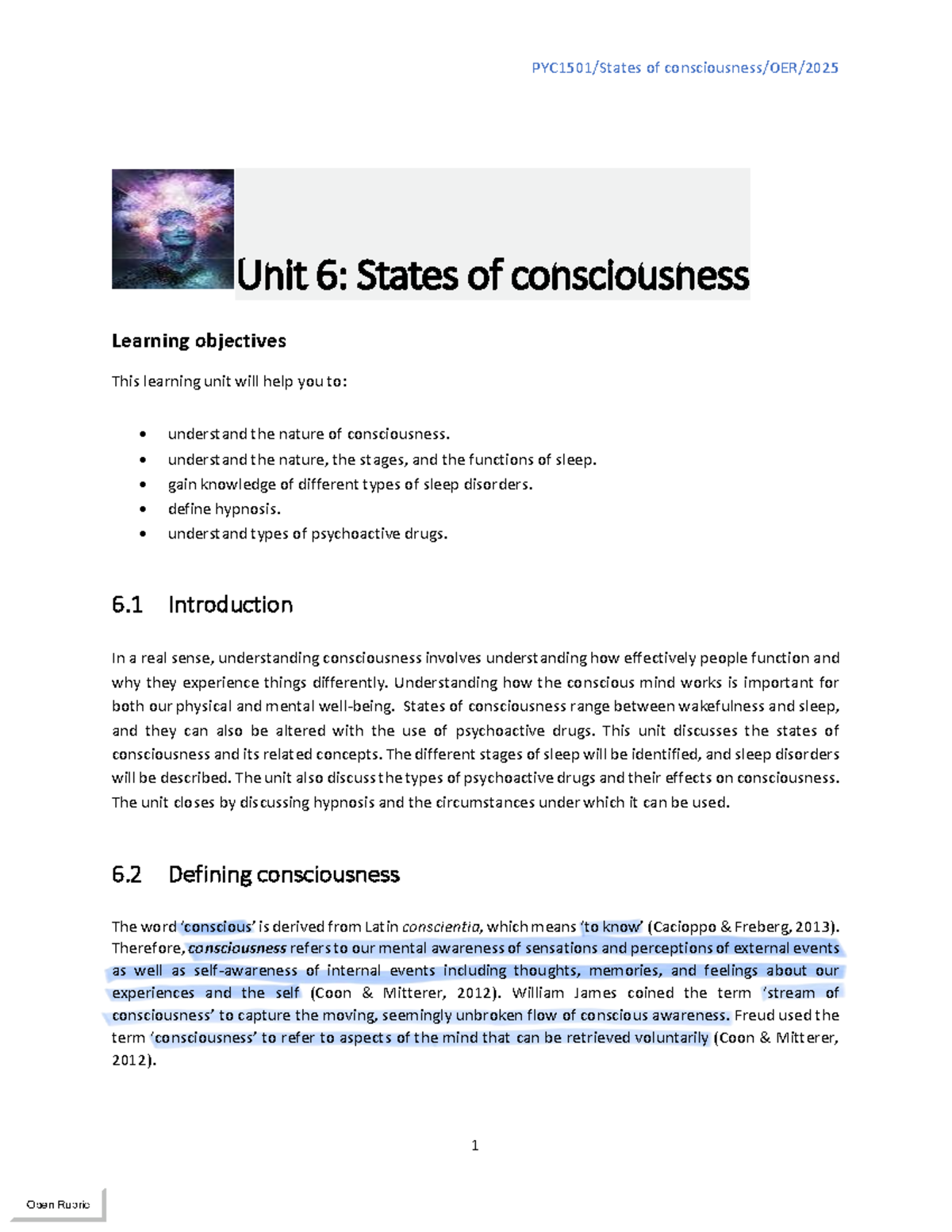 PYC1501 Unit 6: Understanding States of Consciousness and Sleep ...