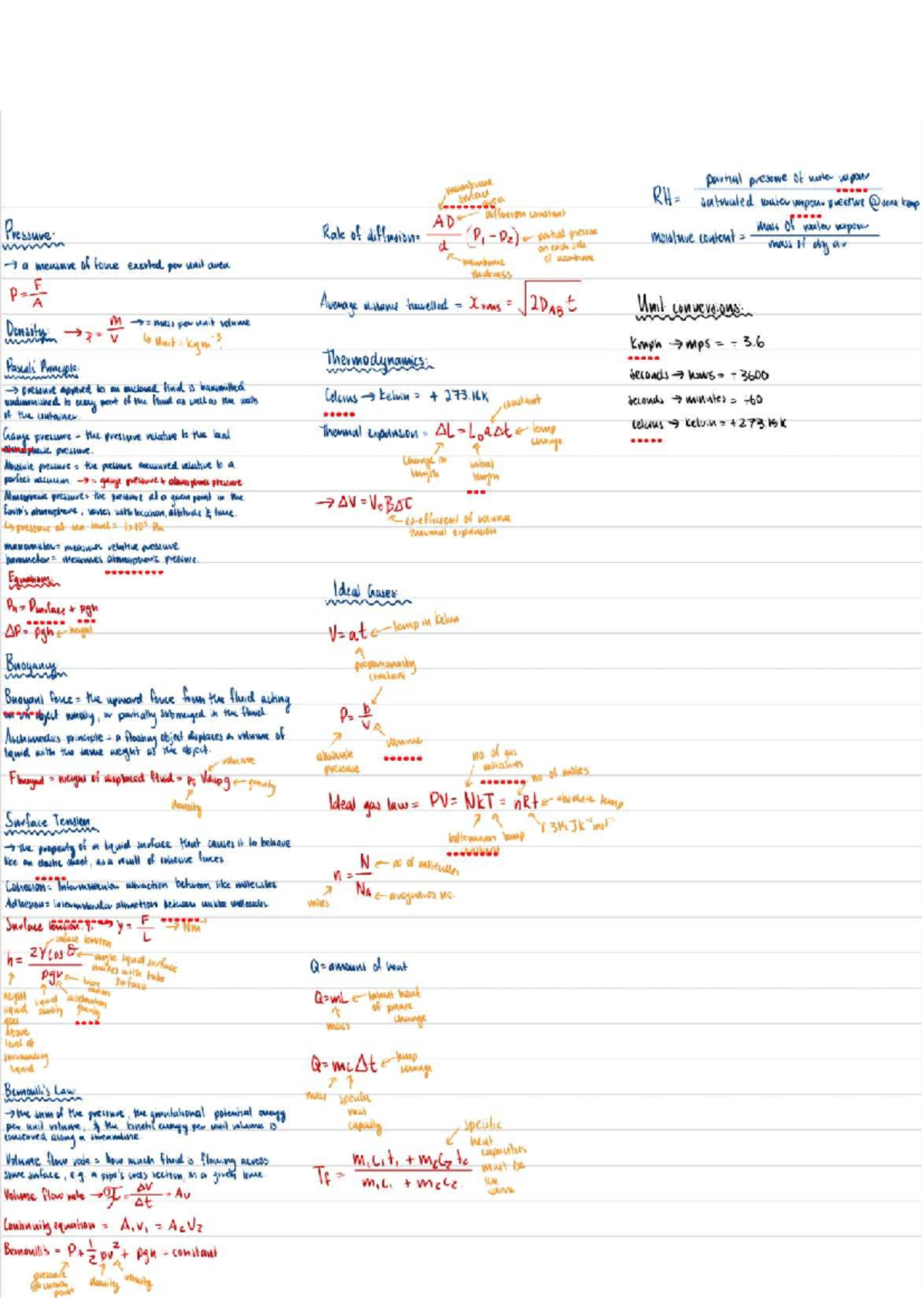 Physics 191 Cheat Sheet: Membrane Pressure & Thermodynamics Concepts ...