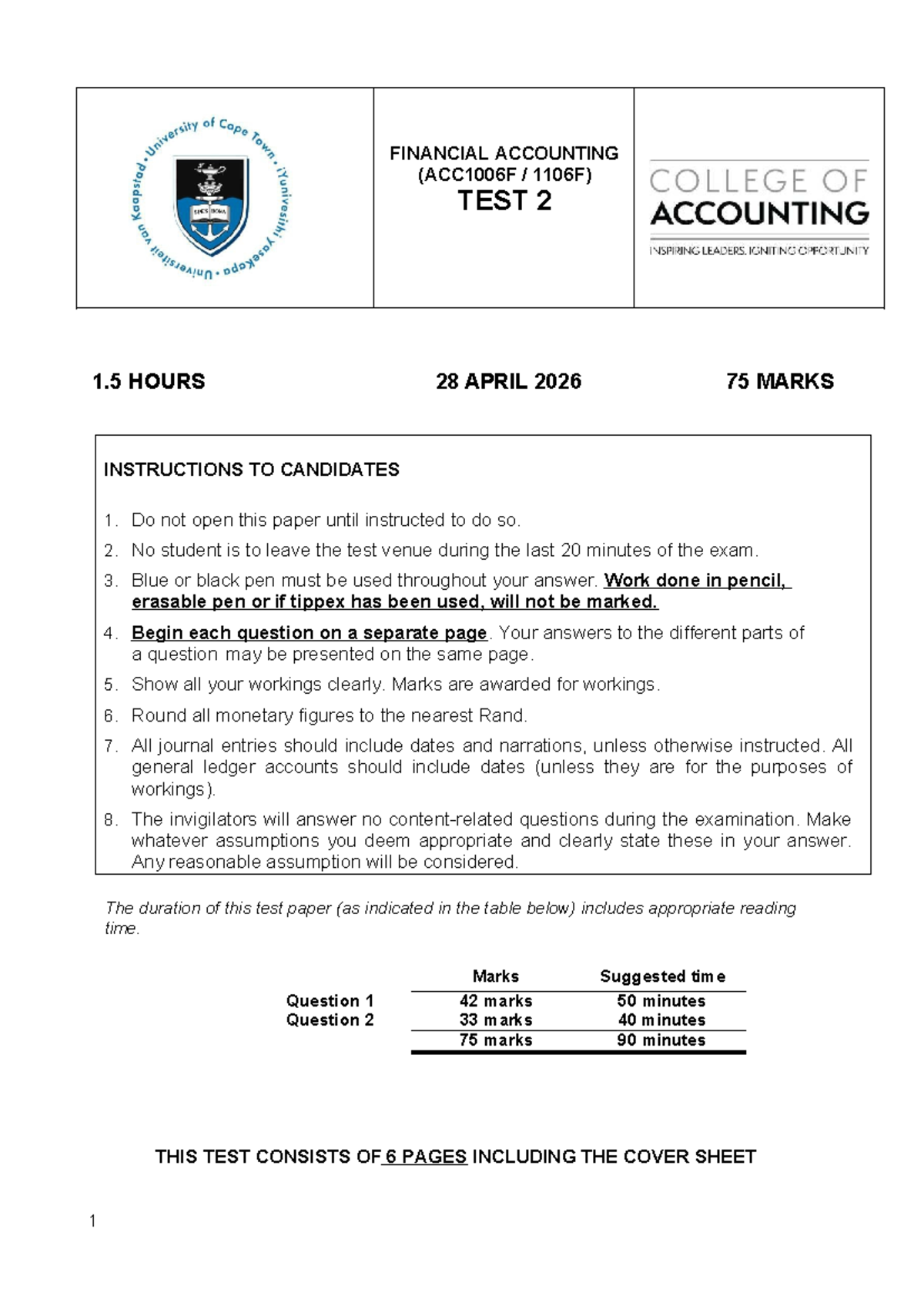 FINANCIAL ACCOUNTING (ACC1006F) TEST 2: 28 APRIL 2026 GUIDELINES - Studocu