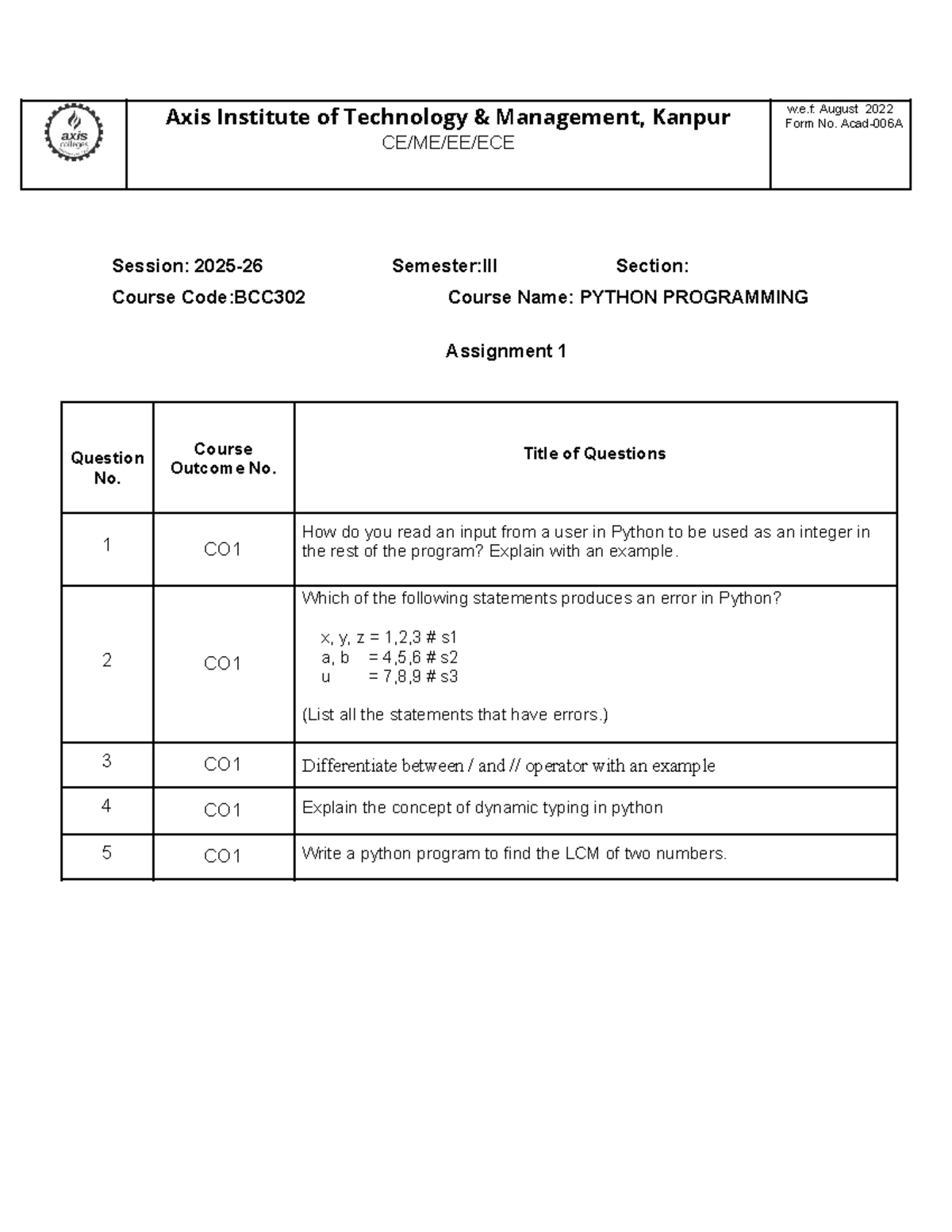 BCC302 Python Programming Assignment 1 Questions and Solutions - Studocu