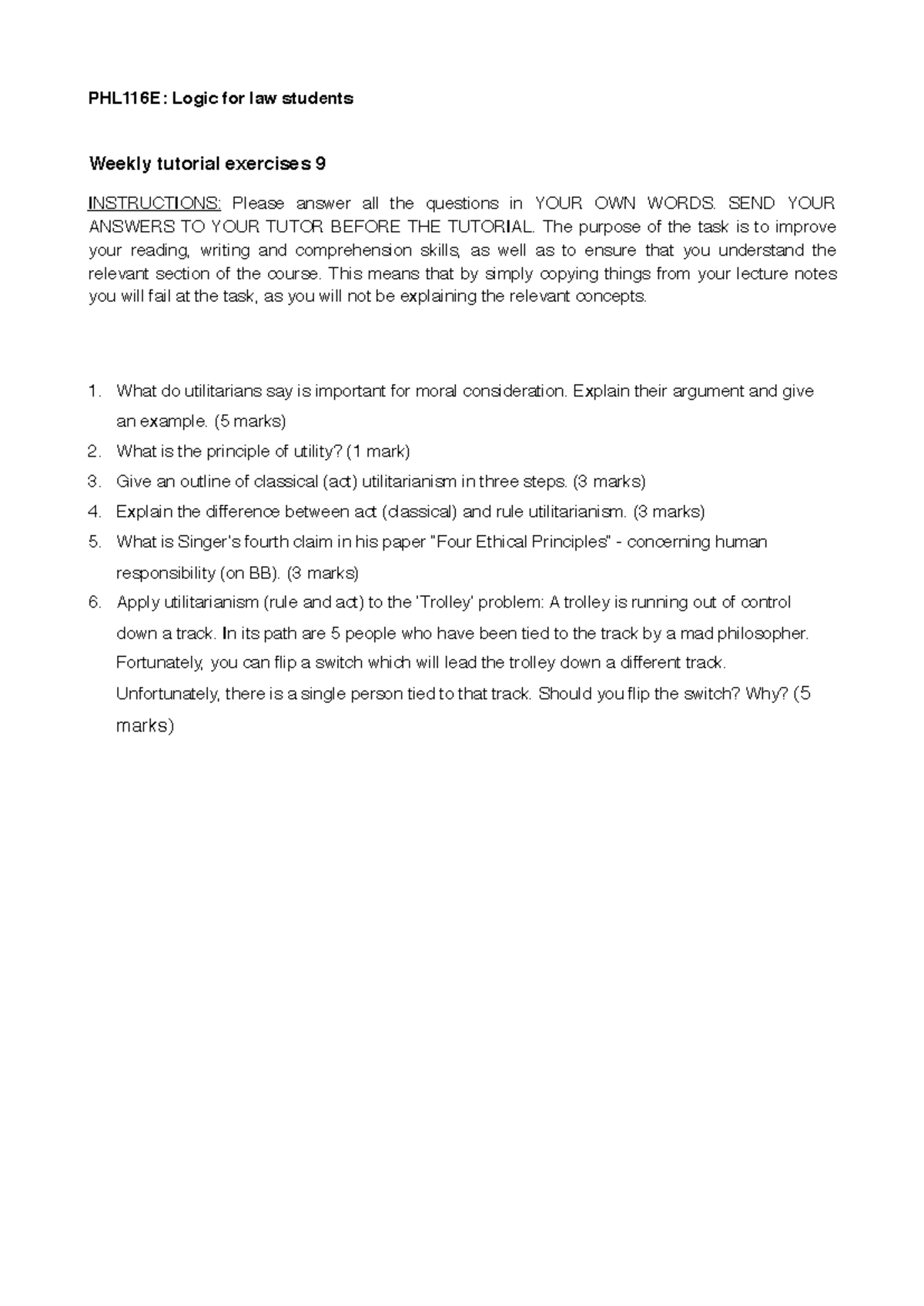 PHL116E Tutorial exercises 9 2021 - PHL116E: Logic for law students Weekly tutorial exercises 9 ...