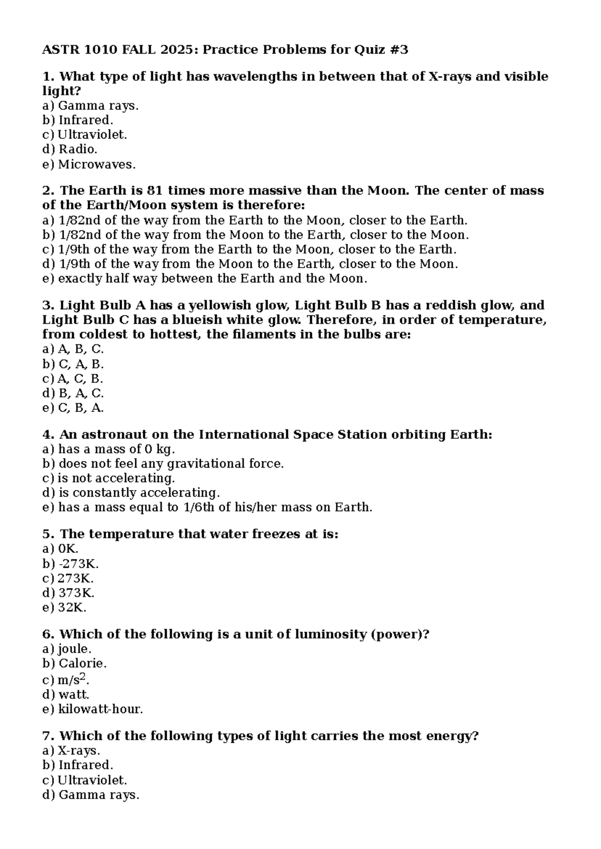 ASTR 1010 FALL 2025: Quiz 1 Practice Problems and Solutions - Studocu