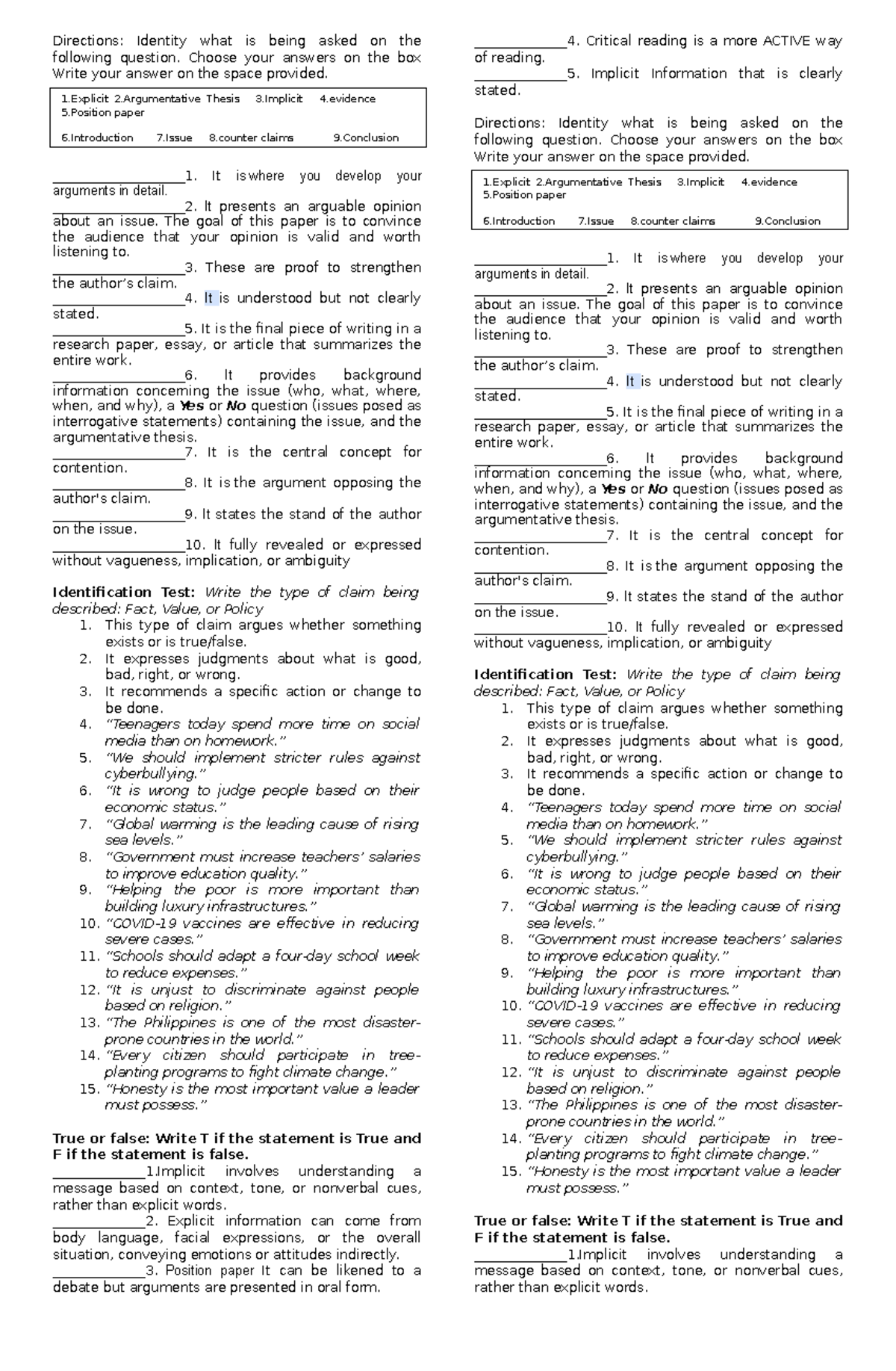Quiz: Understanding Explicit and Implicit Claims - Studocu