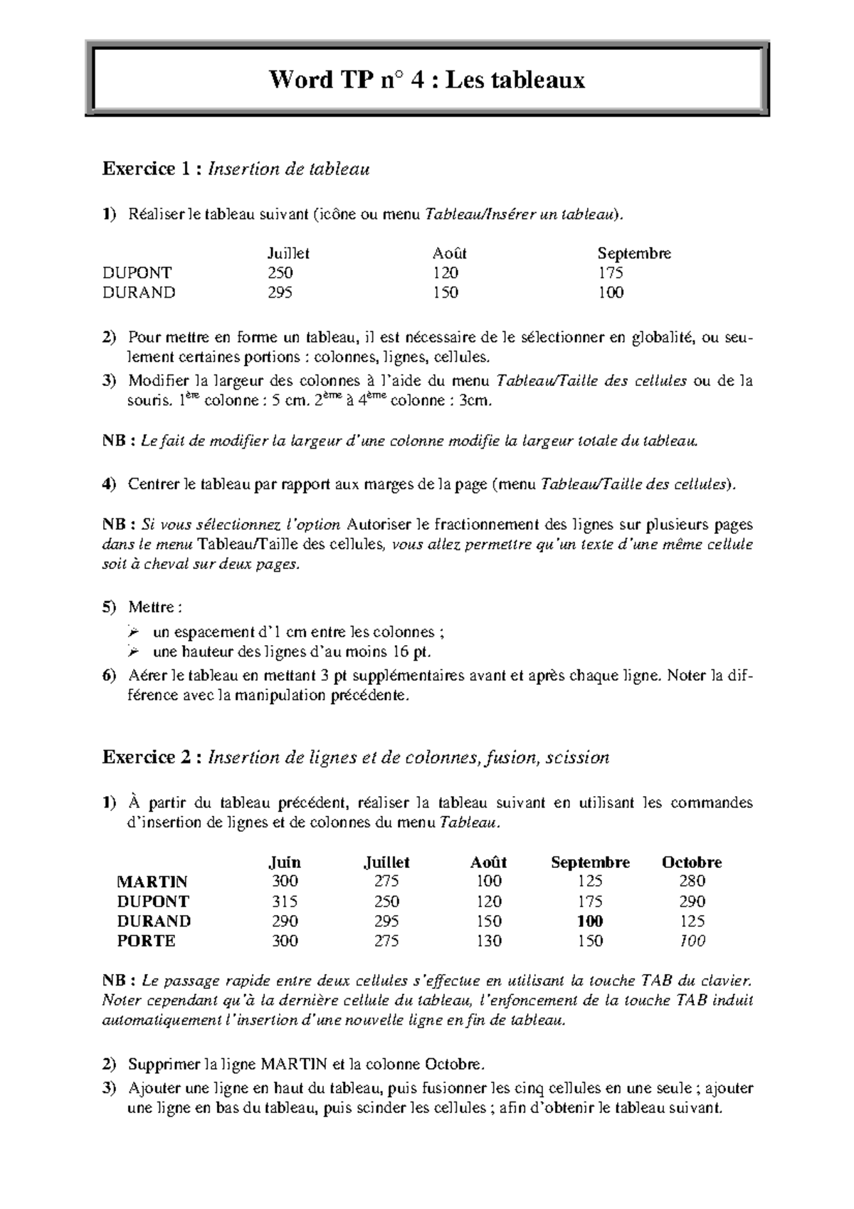 Word TP n° 4 : Insertion et Mise en Forme des Tableaux - Studocu