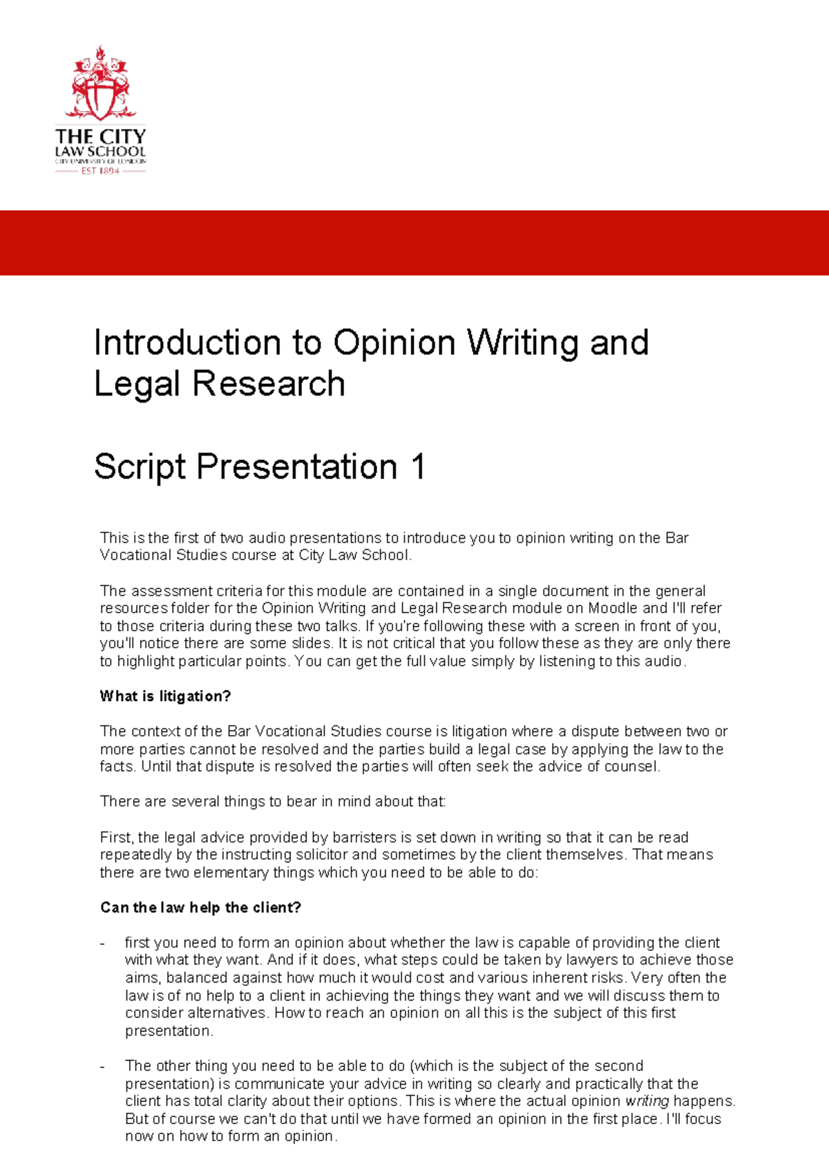 Presentation 1: Introduction to Opinion Writing & Legal Research (LR:OP ...