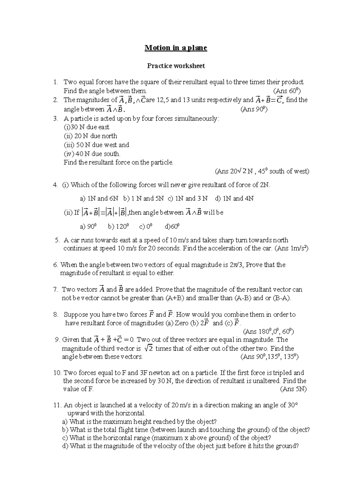 Motion in a plane Worksheet 1 - Motion in a plane Practice worksheet ...