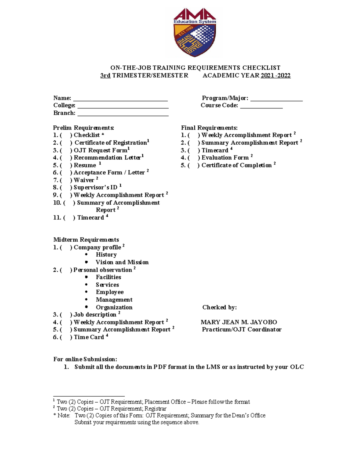 OJT Requirement Checklist for 3rd Trimester/Semester 2021 - Studocu