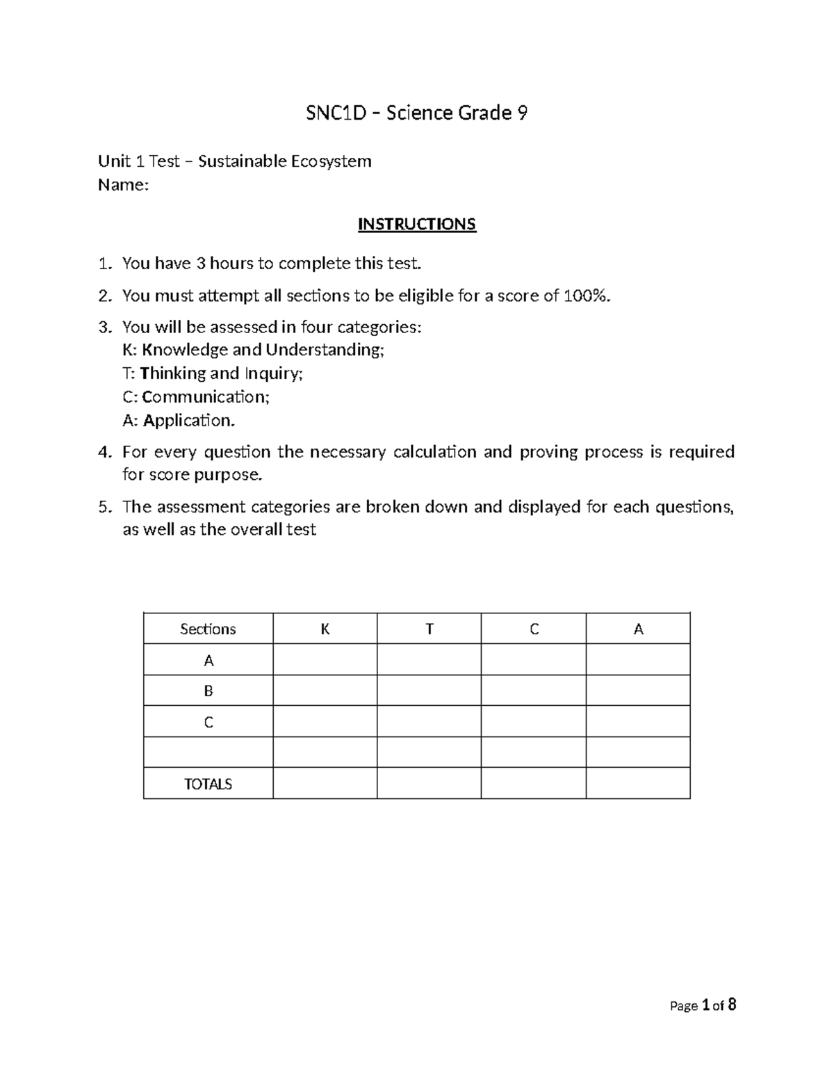 SNC1D Grade 9 Science Unit 1 Test: Sustainable Ecosystems - Studocu