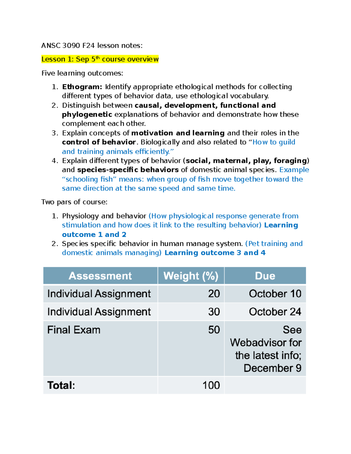 ANSC 3090 F24 Lesson Notes: Overview of Behavior and Physiology - Studocu