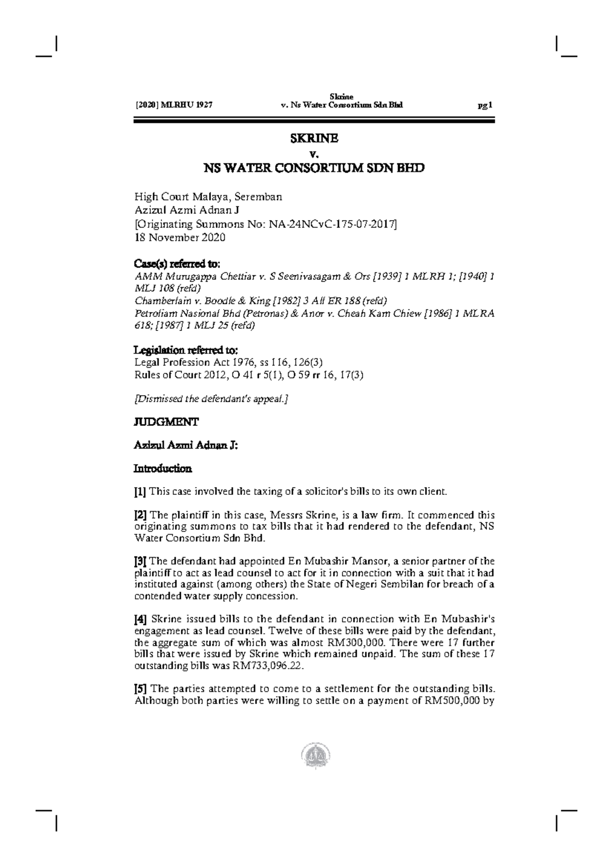 Skrine v NS Water Consortium: Case on Taxation of Solicitor's Bills ...