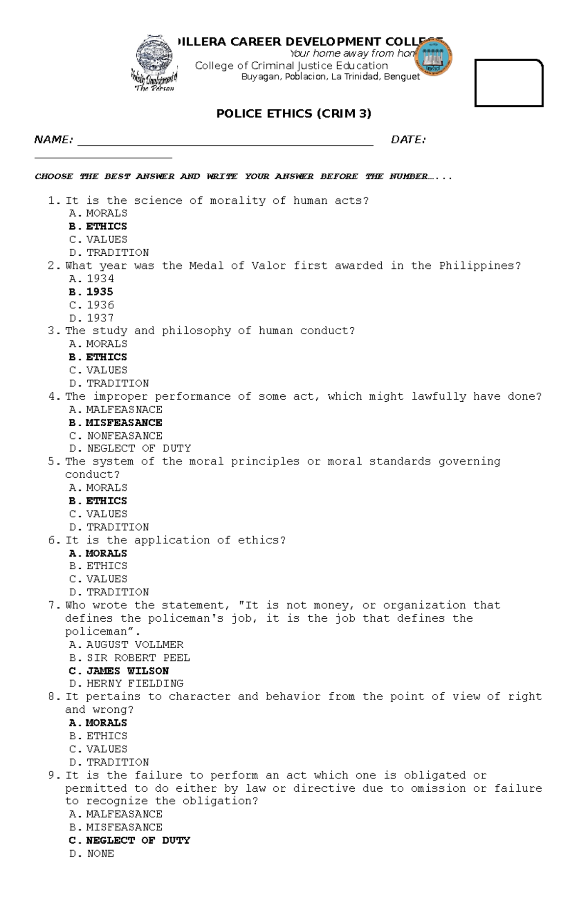 Police Ethics Q&A for CRIM 3 Course: Answer Key & Review - Studocu