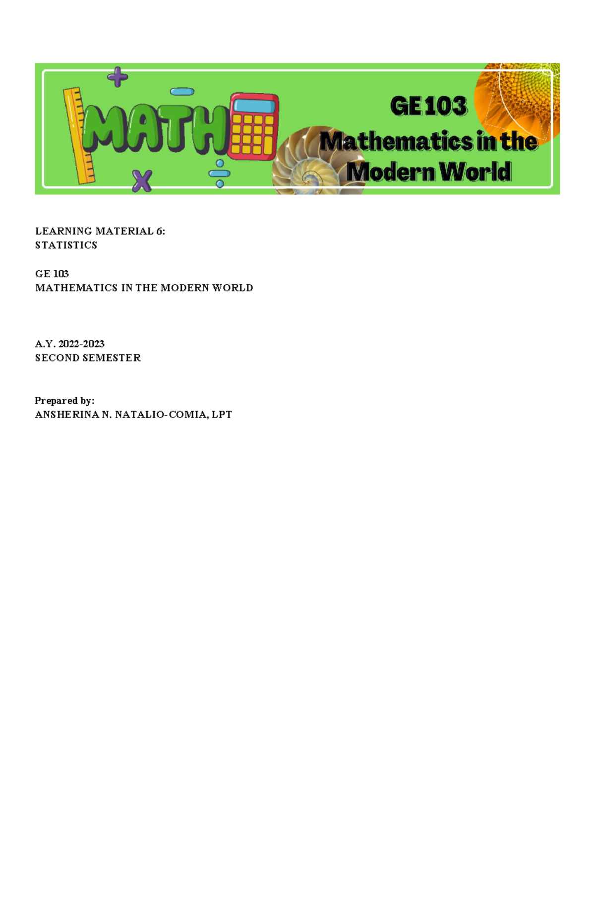 GE 103: Learning Material 6 - Statistics in Mathematics in the Modern ...