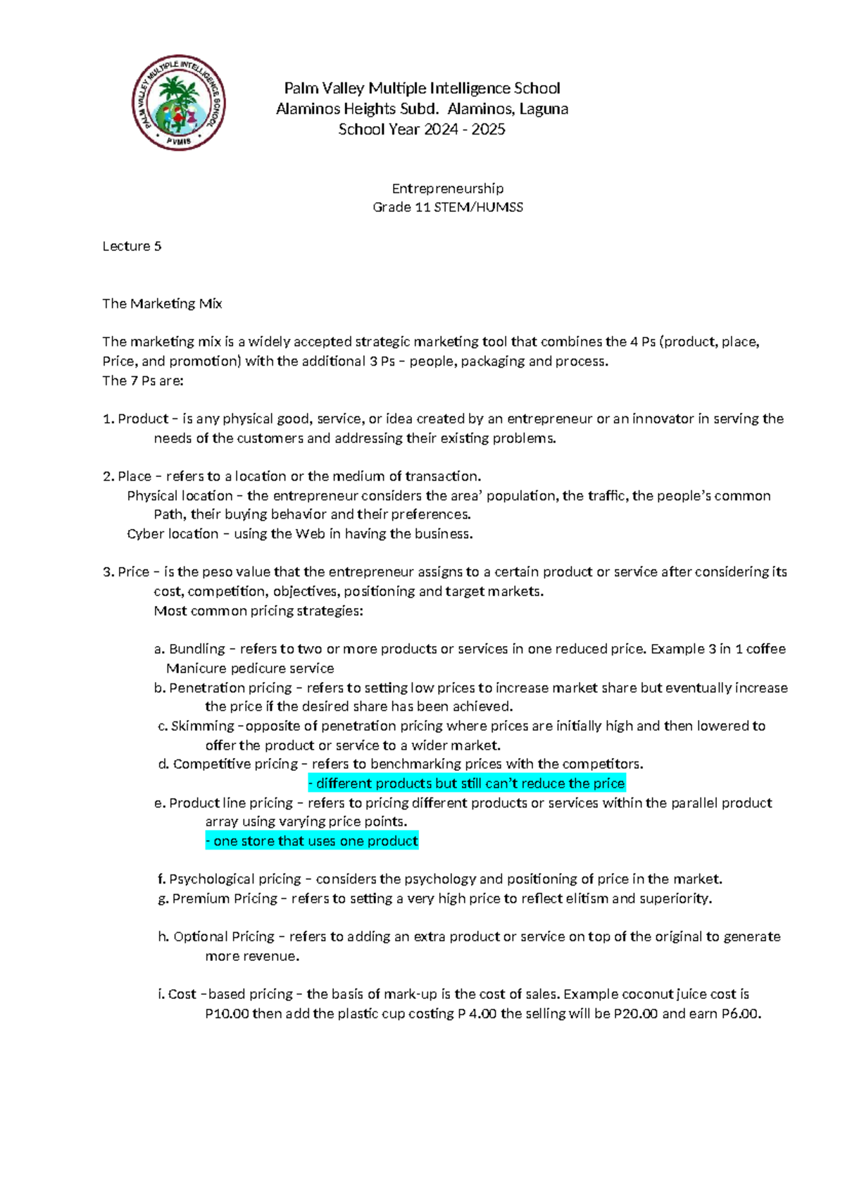 Entrepreneurship Grade 11 Lecture 5: The Marketing Mix Explained - Studocu