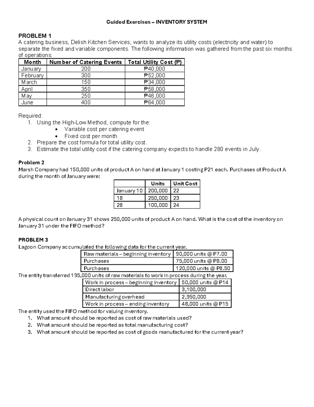 Guided Exercises for Cost Accounting: Inventory Analysis & Costing ...