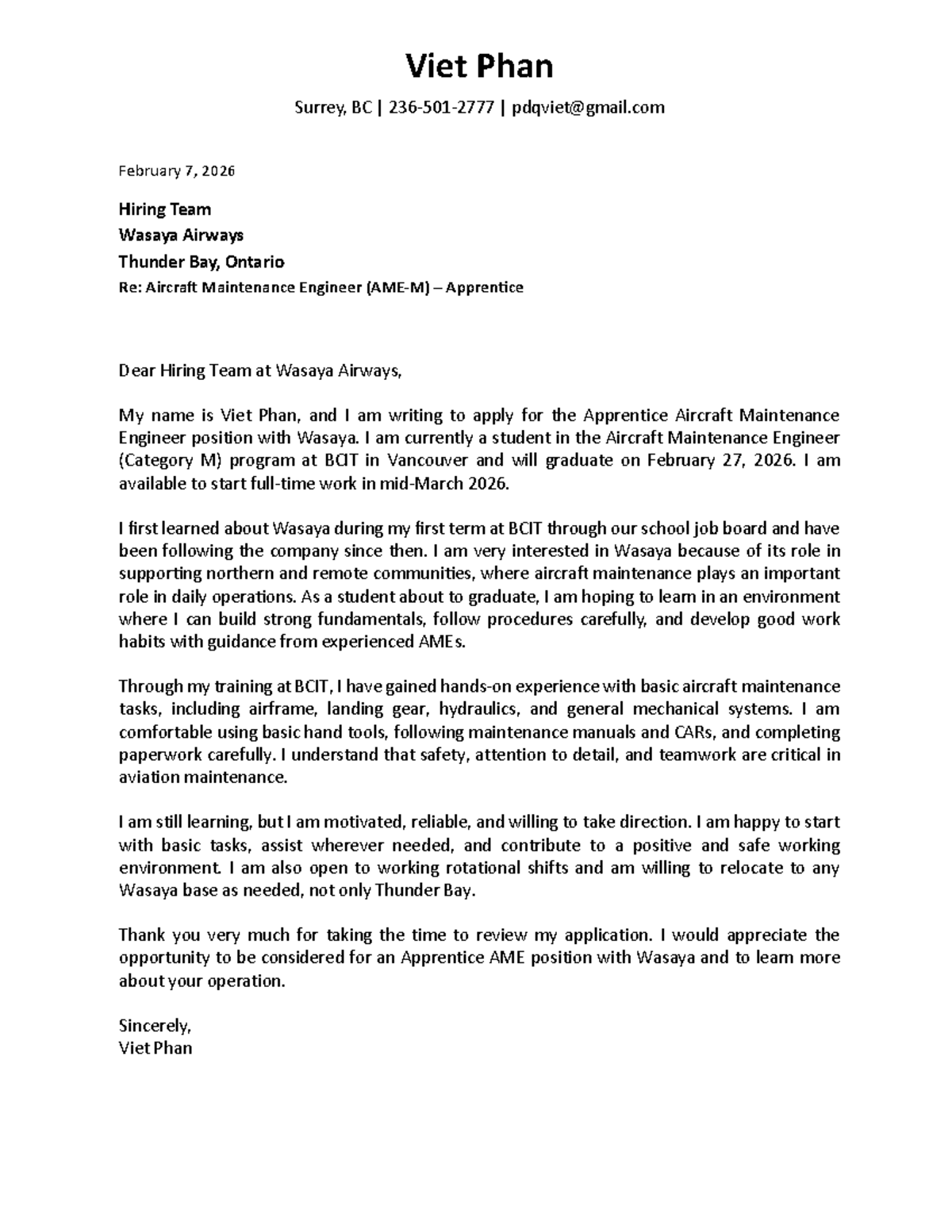 Viet Phan - AME M Apprentice Cover Letter for Wasaya Airways - Studocu
