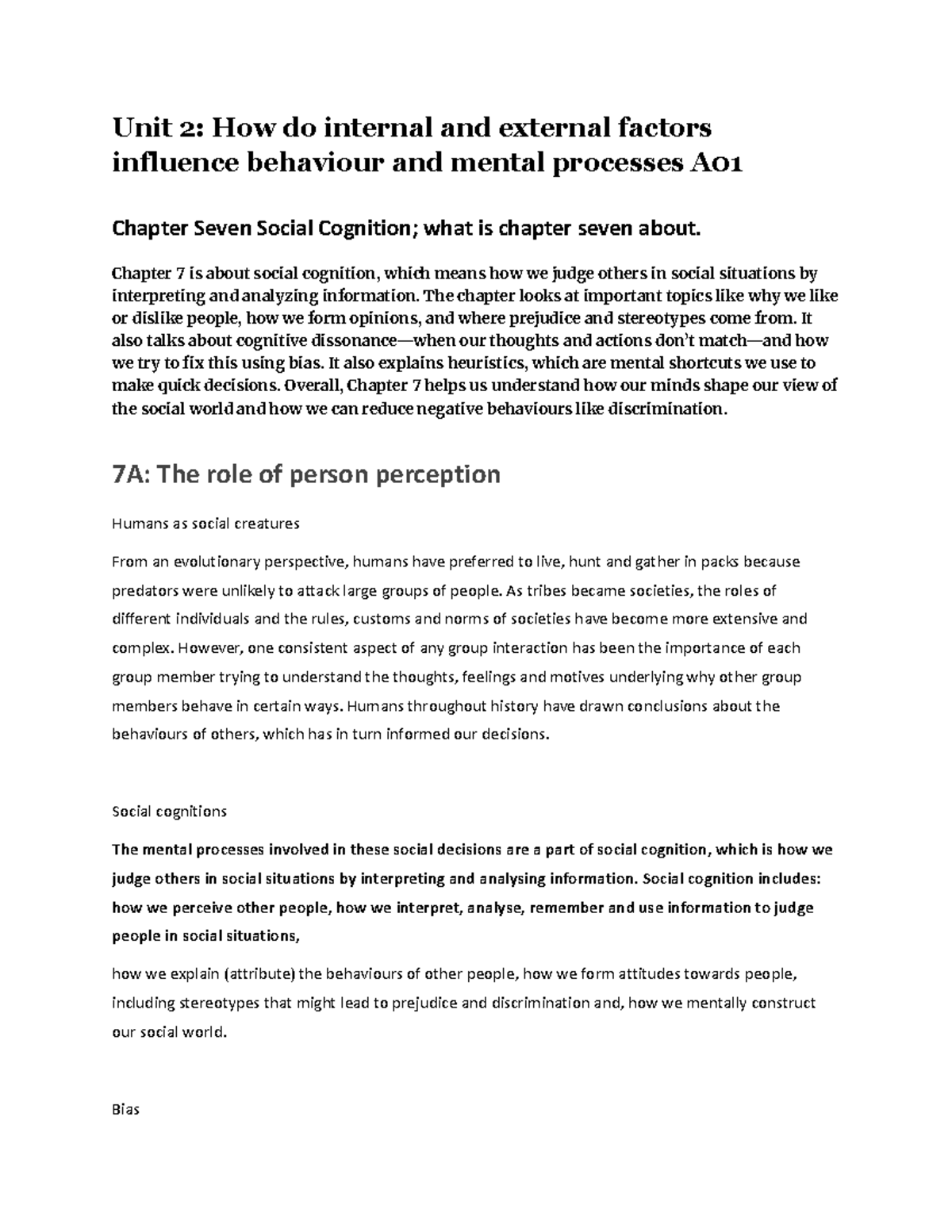 Psych VCE Notes Unit 2: Social Cognition and Behaviour Influences - Studocu