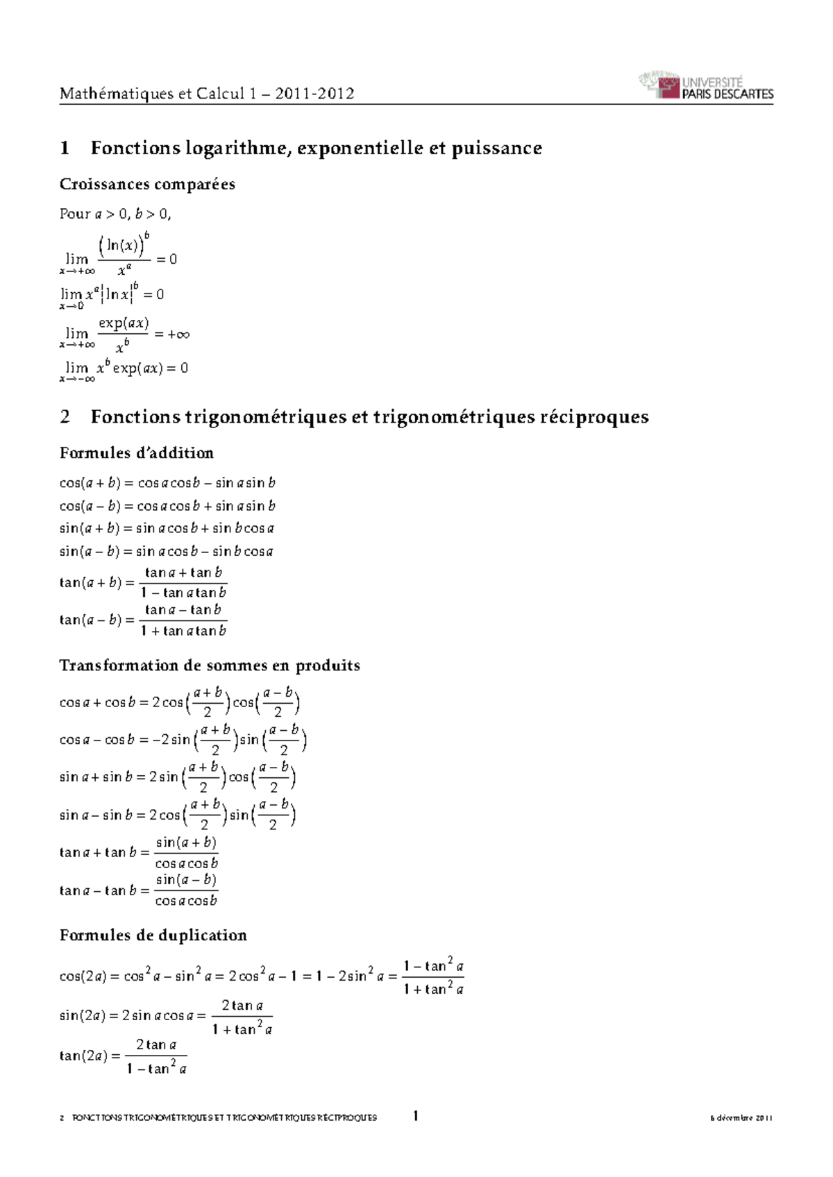 Formulaire Trigonométrie & Fonctions Usuelles - Mathématiques et Calcul ...