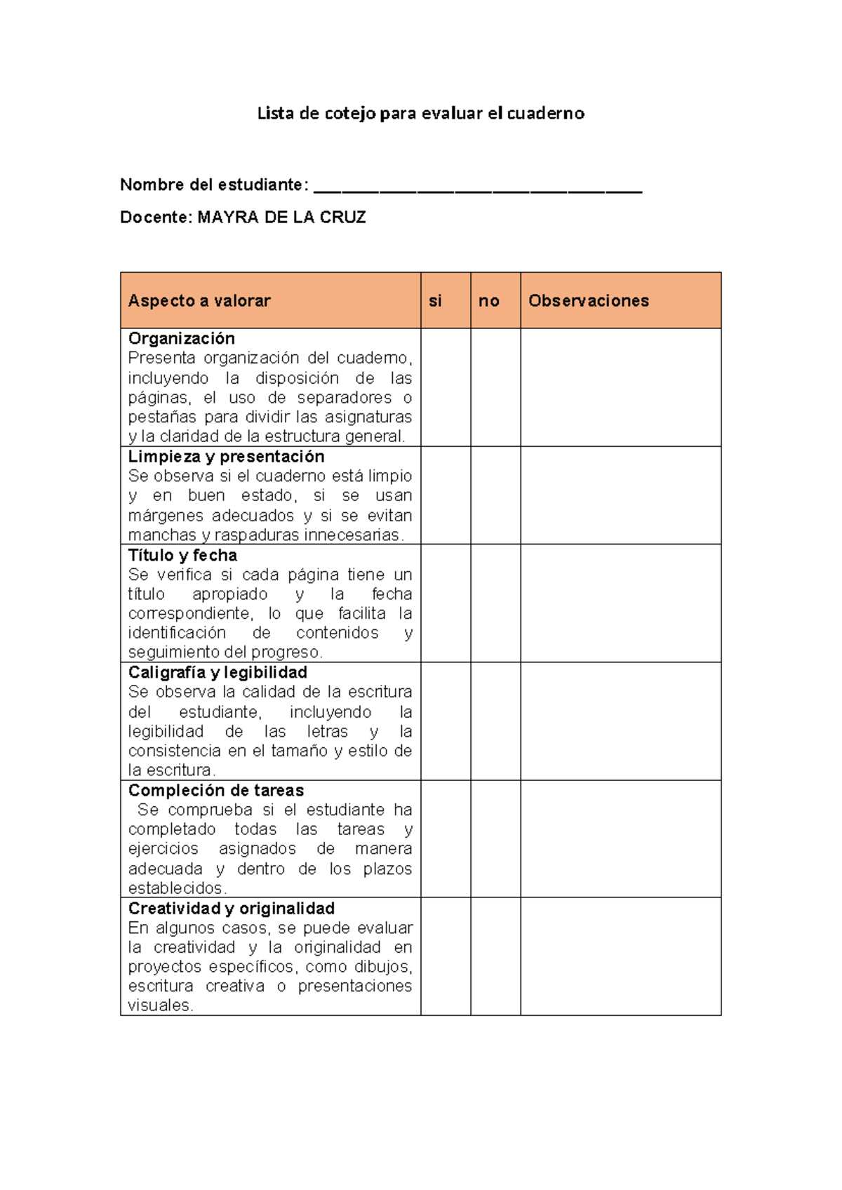 Lista de Cotejo para Evaluar el Cuaderno del Niño - Docente: Mayra - Studocu