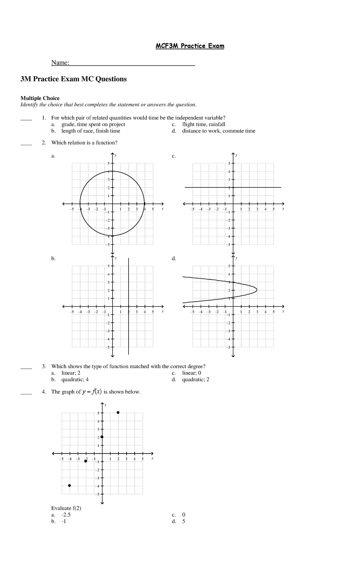 MCF3M Practice Exam - Multiple Choice Questions & Answers - Studocu