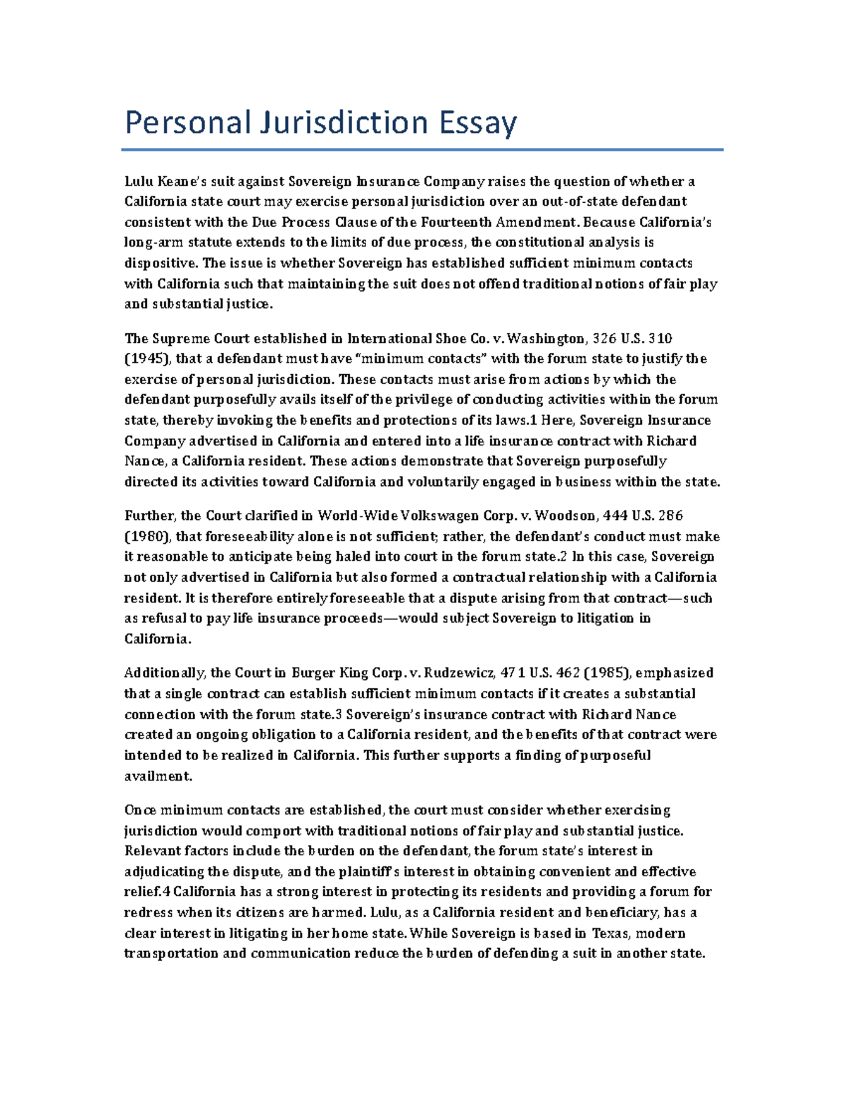Personal Jurisdiction Essay: Lulu v. Sovereign Ins. Co. Analysis - Studocu