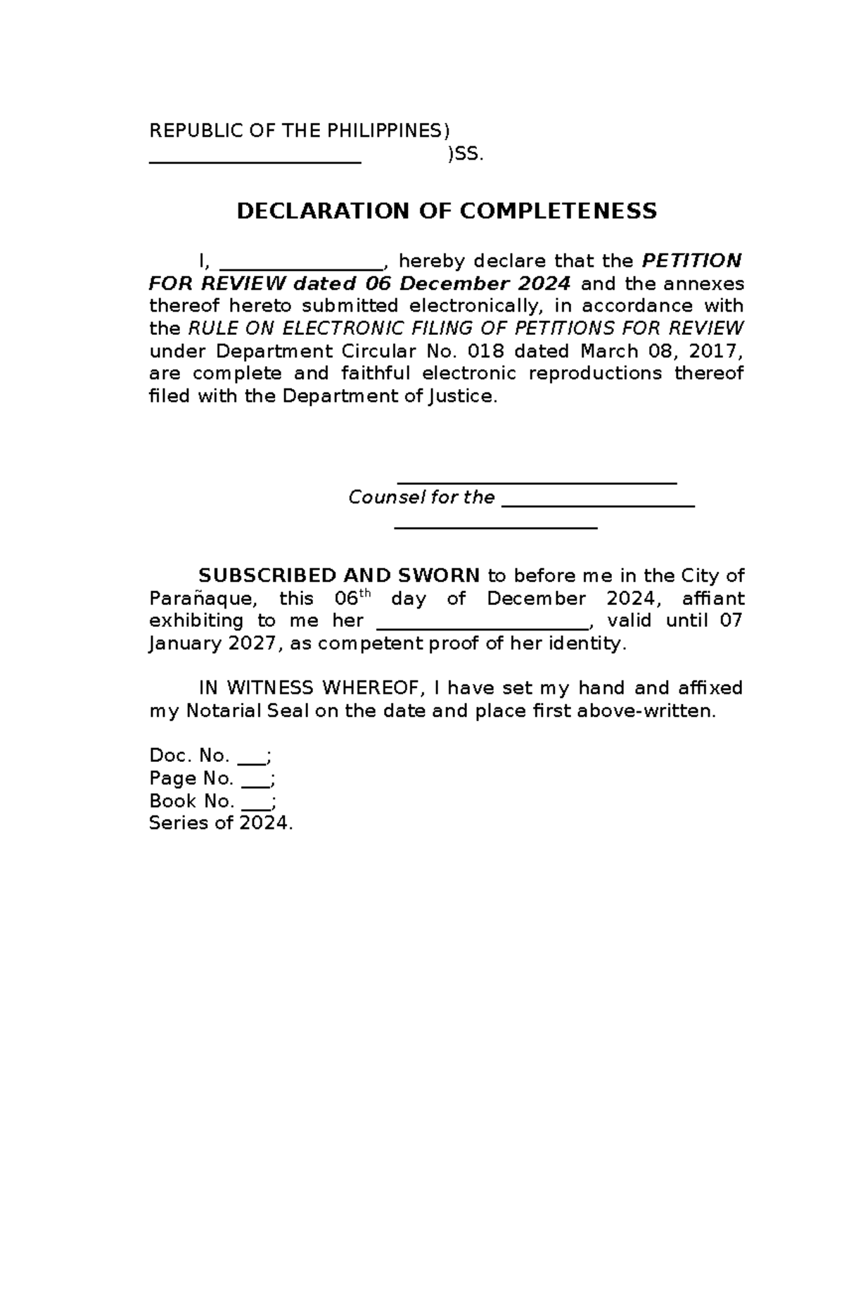 Declaration of Completeness for Petition for Review (2024) - Studocu