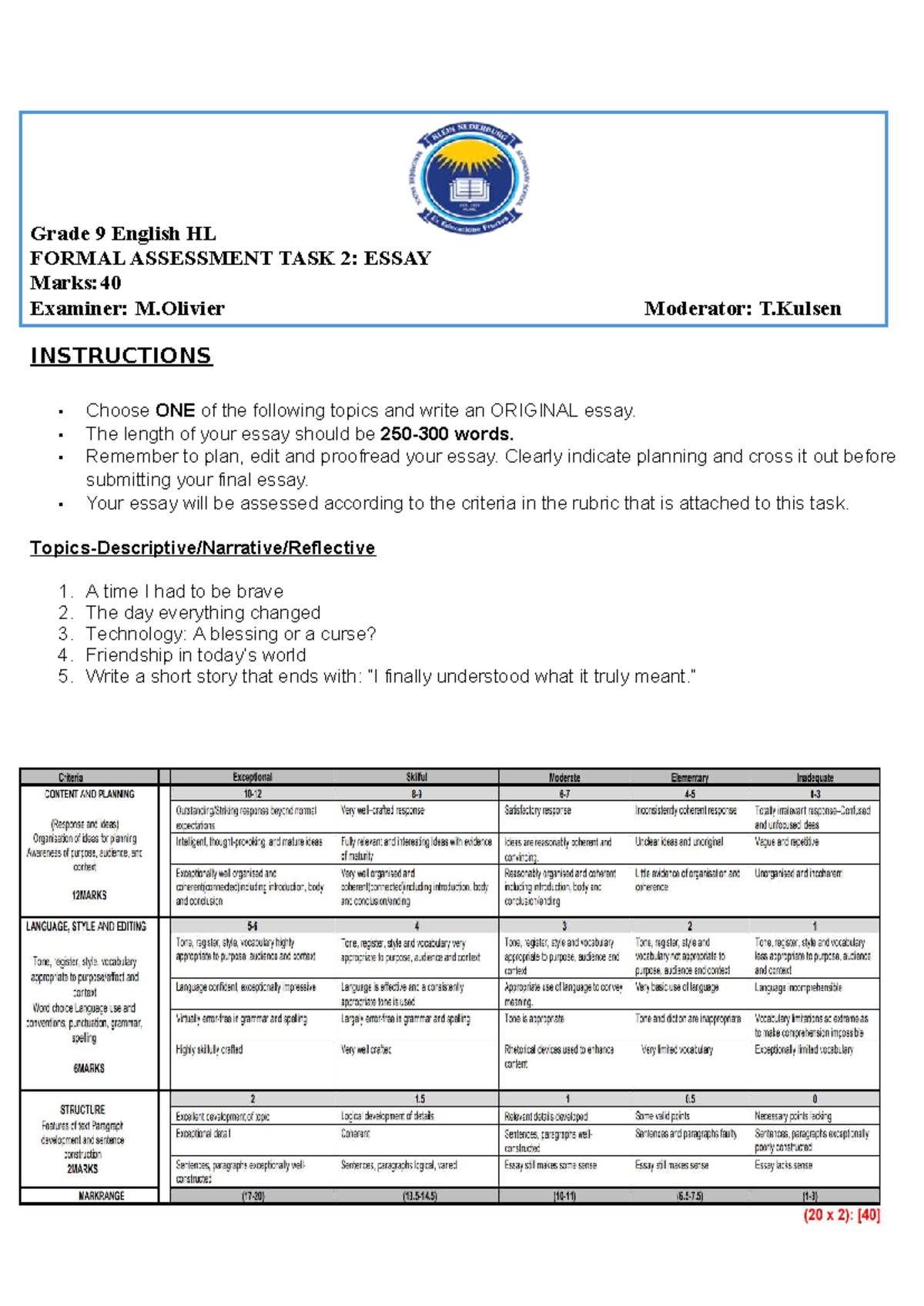 Grade 9 English HL Formal Assessment Task 2: Essay Guidelines - Studocu