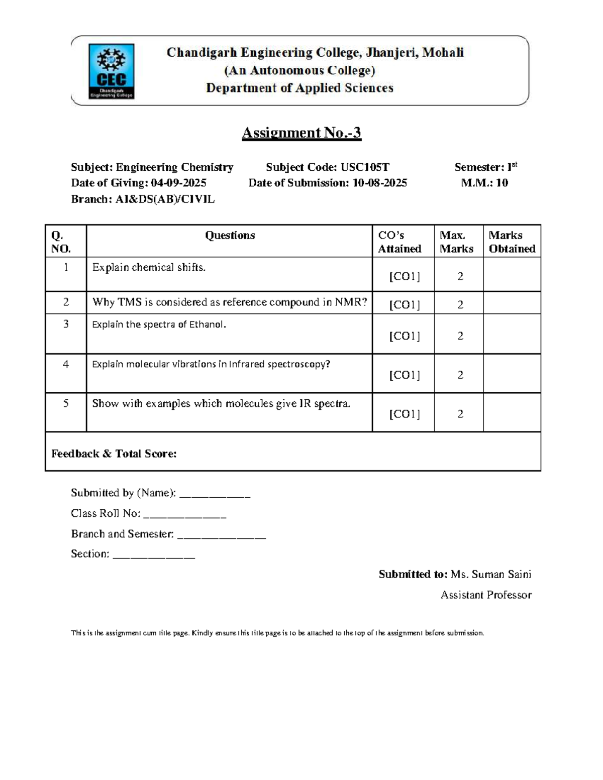 USC105T Engineering Chemistry Assignment: Chemical Shifts & Spectra ...