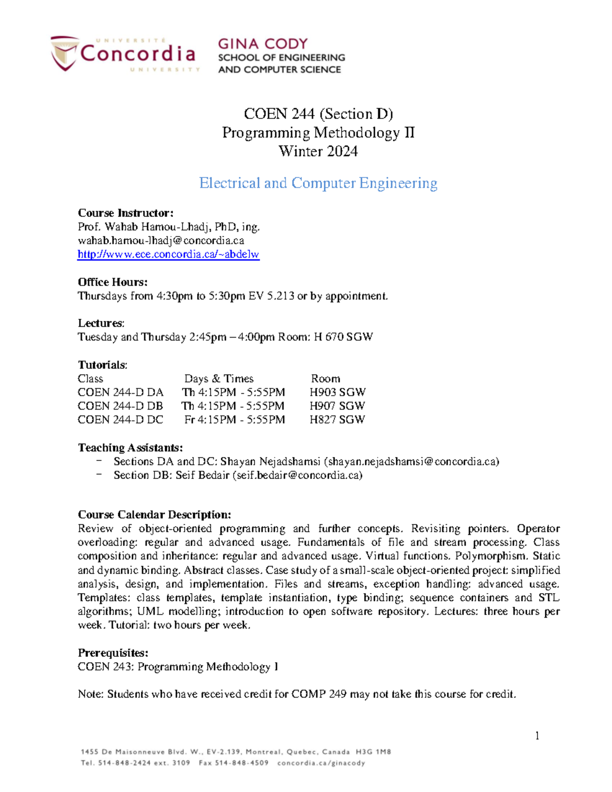 COEN 244 2024W Programming Methodology II Course Outline - Studocu