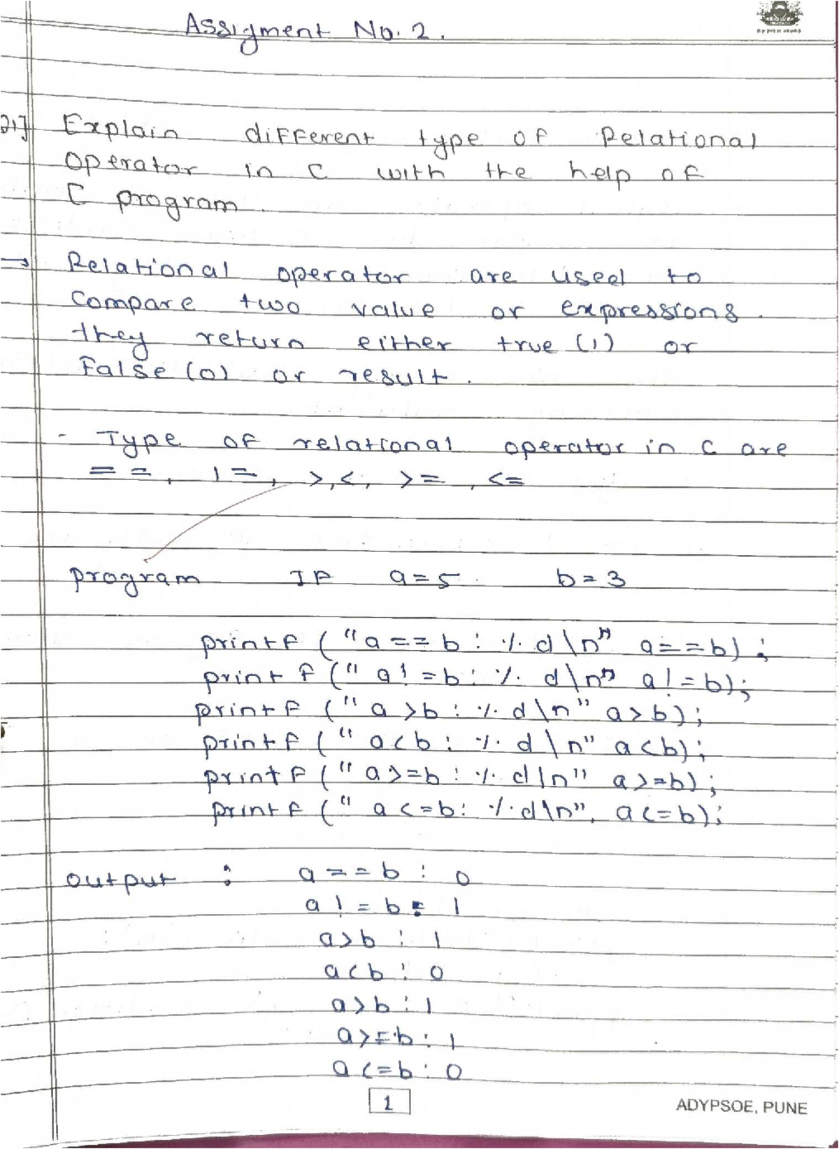 Assignment No. 2 - Relational and Logical Operators in C - Studocu