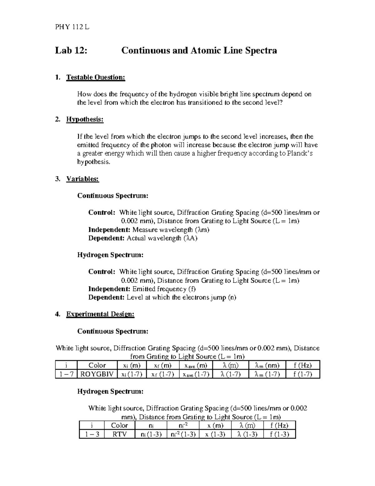 Lab 12-Continuous and Bright Line Spectra - Lab 12: Continuous and ...