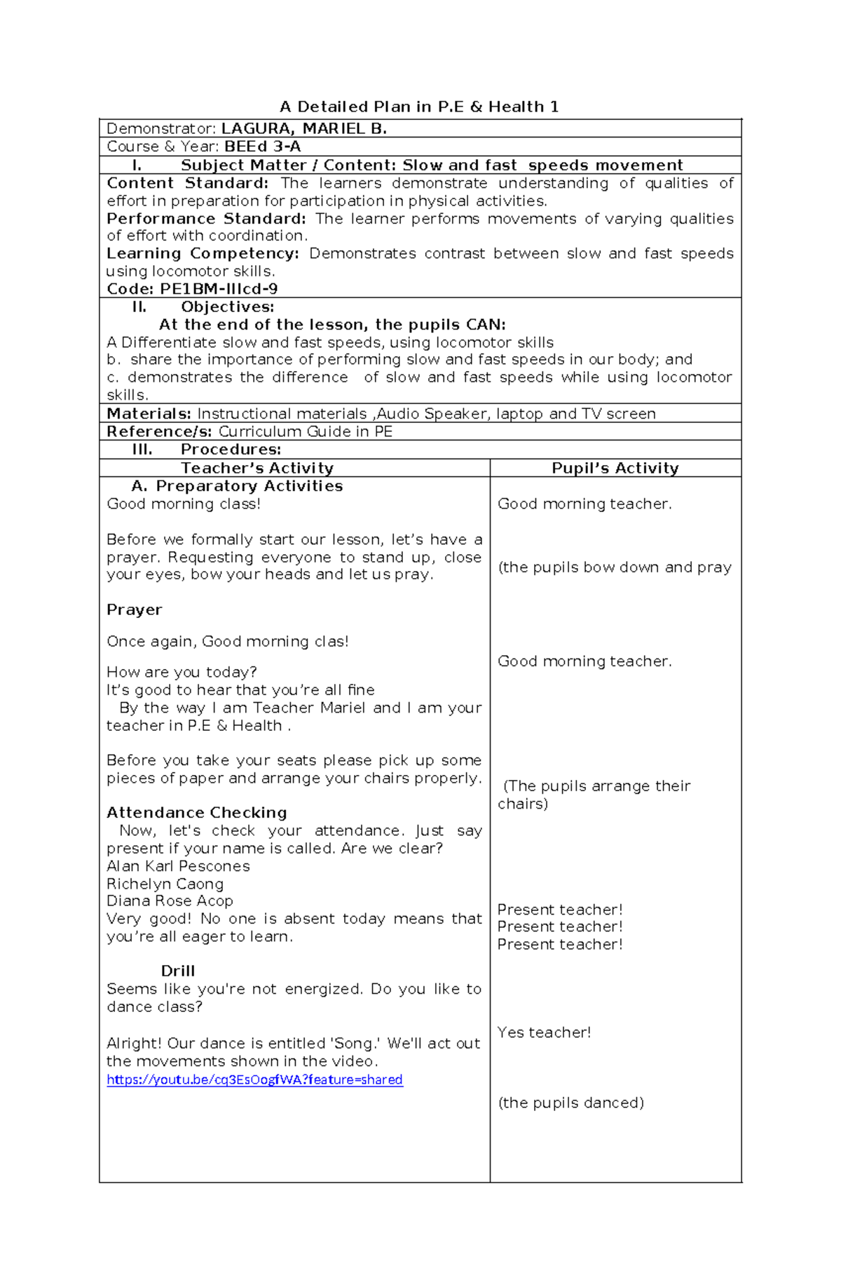 PE Health 1 Lesson Plan: Understanding Slow and Fast Speeds - Studocu