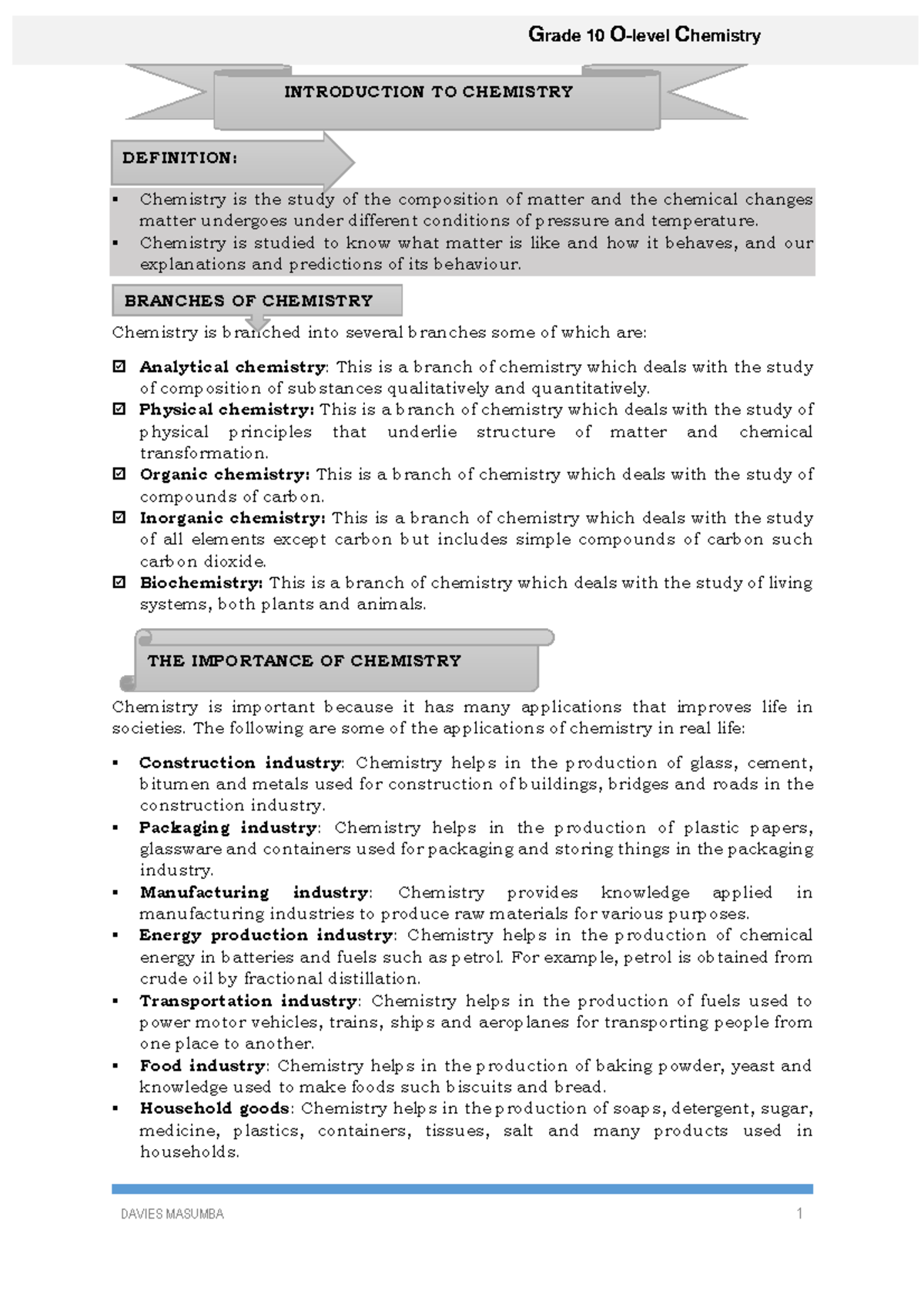 Introduction TO Chemistry Grade 10 - Chemistry is the study of the ...