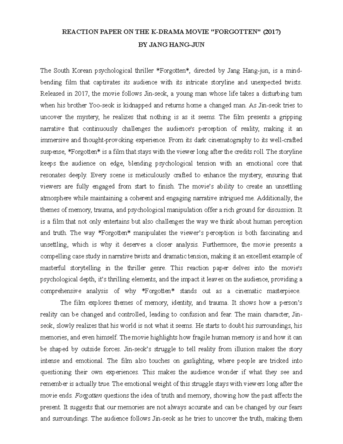 Reaction Paper Example - REACTION PAPER ON THE K-DRAMA MOVIE "FORGOTTEN ...