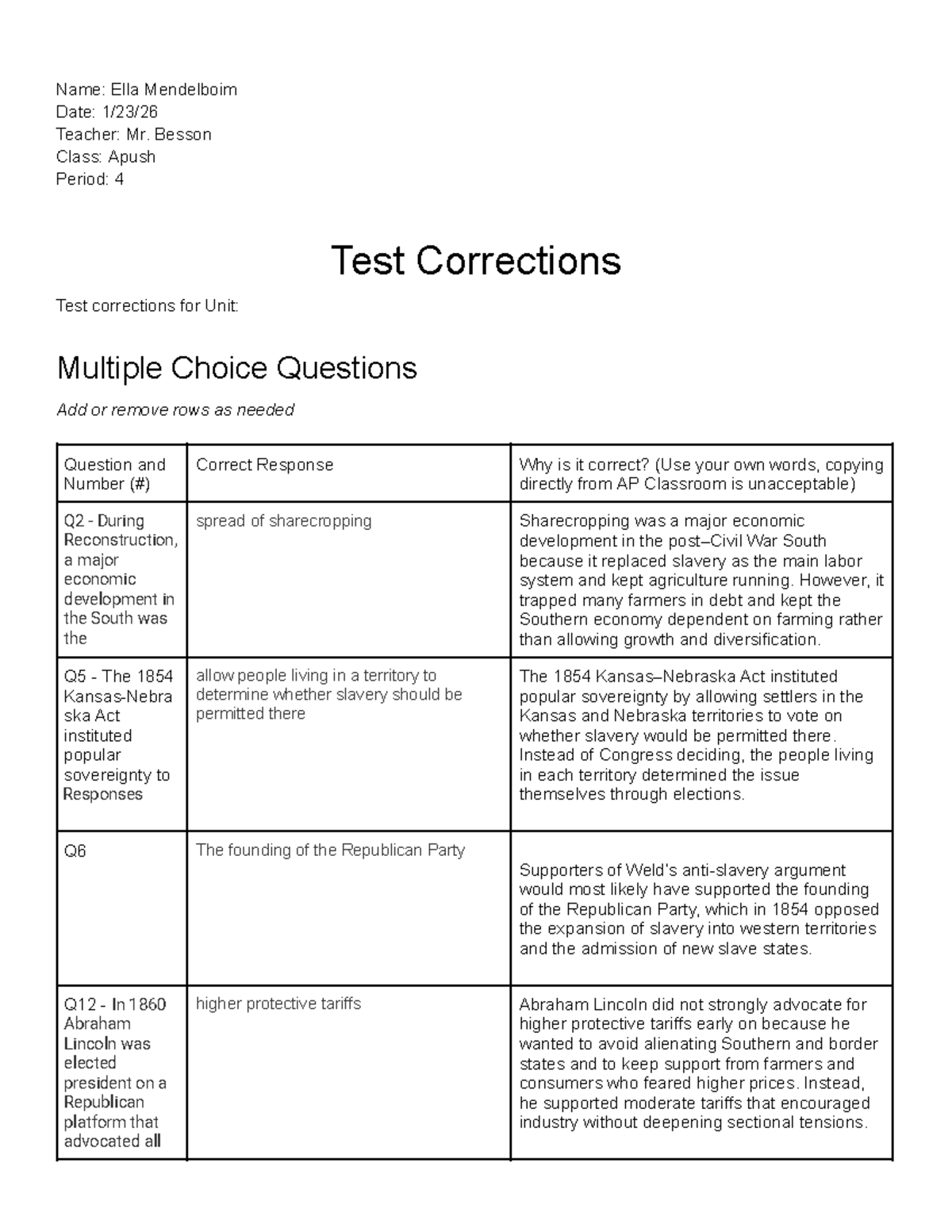 APUSH Period 4 Test Corrections: Unit Insights and Analysis - Studocu