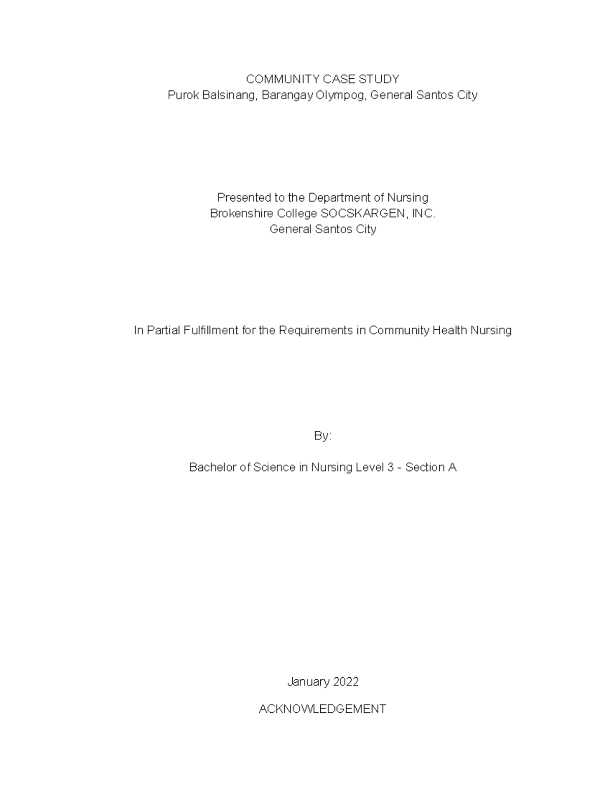 CHN-CASE Study: Community Health Assessment in Barangay Olympog - Studocu