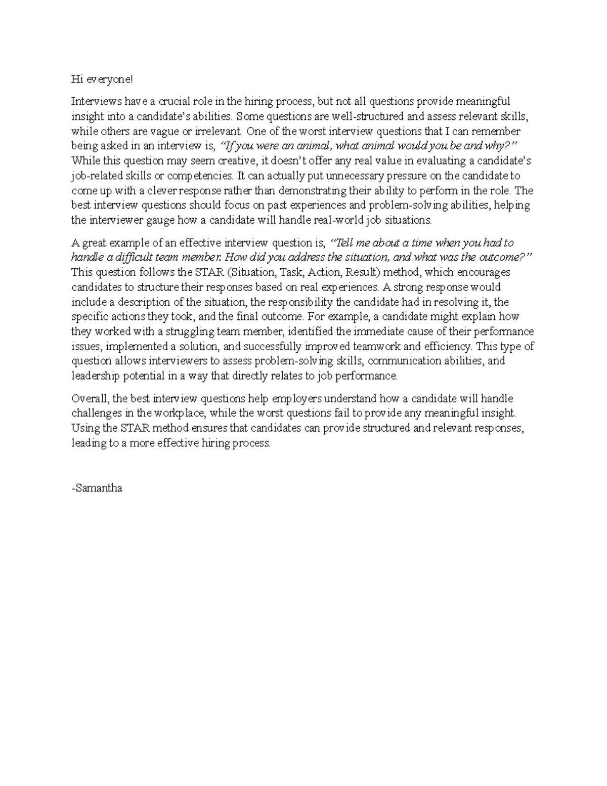 Effective Interview Questions Discussion HRM300 - Studocu