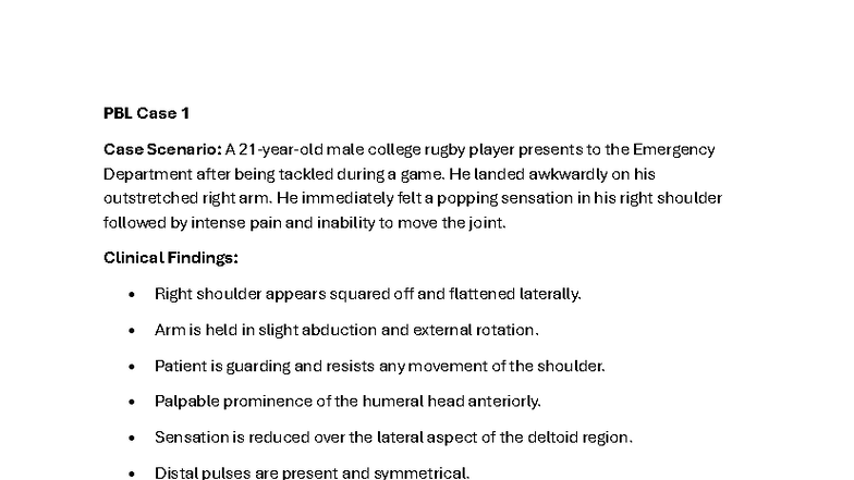 PBL 1 - Anterior Shoulder Dislocation Case Study and Management - Studocu