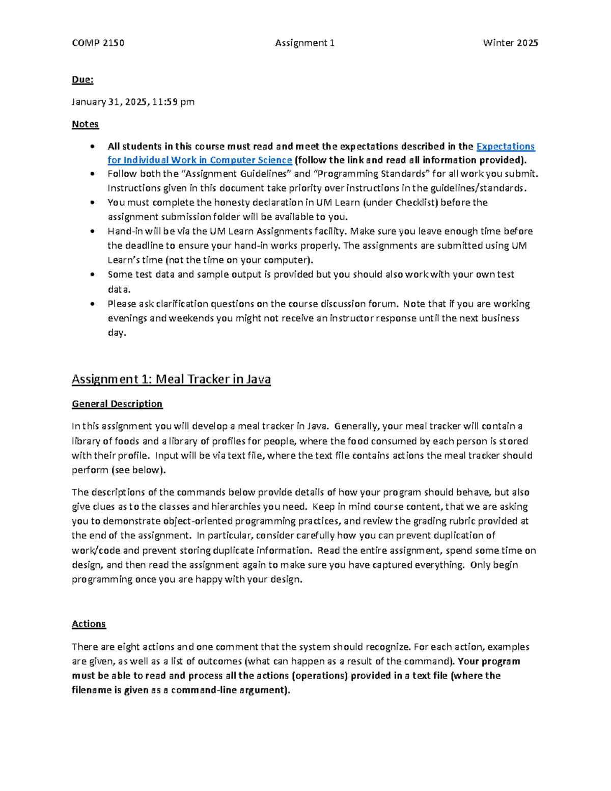 COMP 2150 Assignment 1: Meal Tracker in Java - Winter 2025 - Studocu