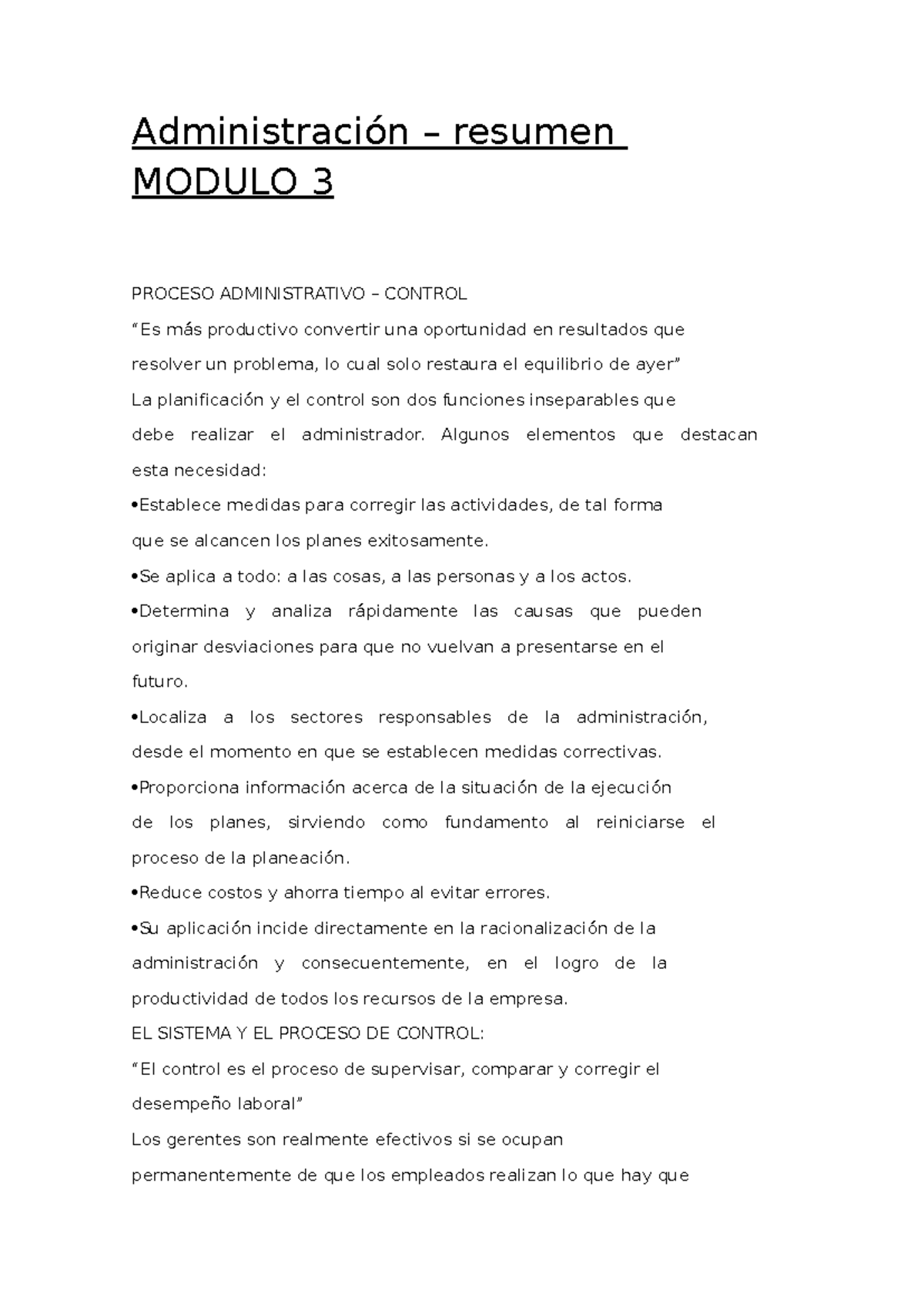 Resumen de Administración: Módulo 3 - Proceso de Control y ...