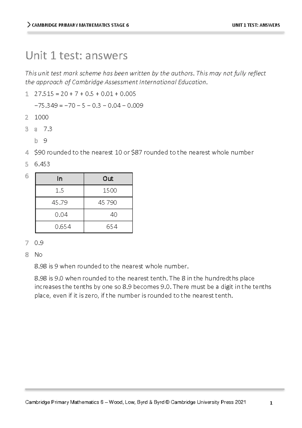 CAMBRIDGE PRIMARY MATHEMATICS STAGE 6 UNIT TEST ANSWERS - Studocu