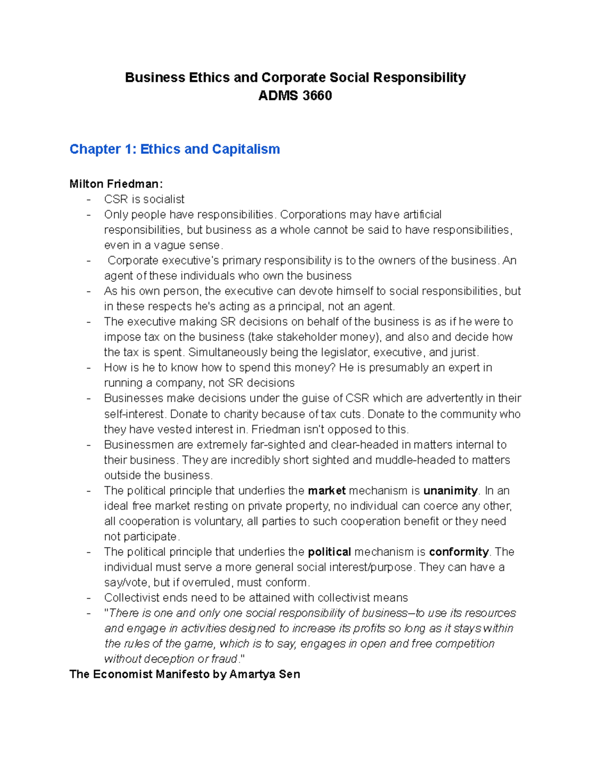 ADMS 3660 Lecture Notes: Business Ethics & CSR Overview - Studocu