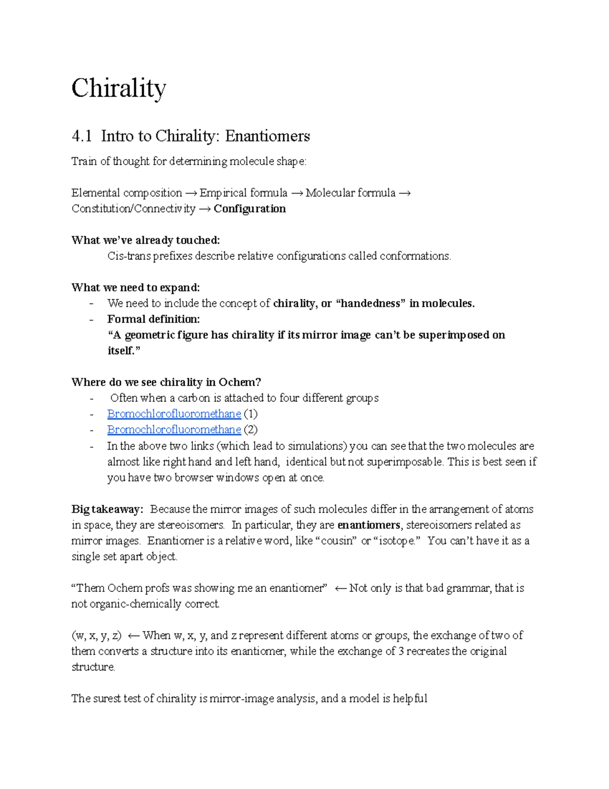 Ochem Chapter 4 - Chirality - Chirality 4 Intro to Chirality ...