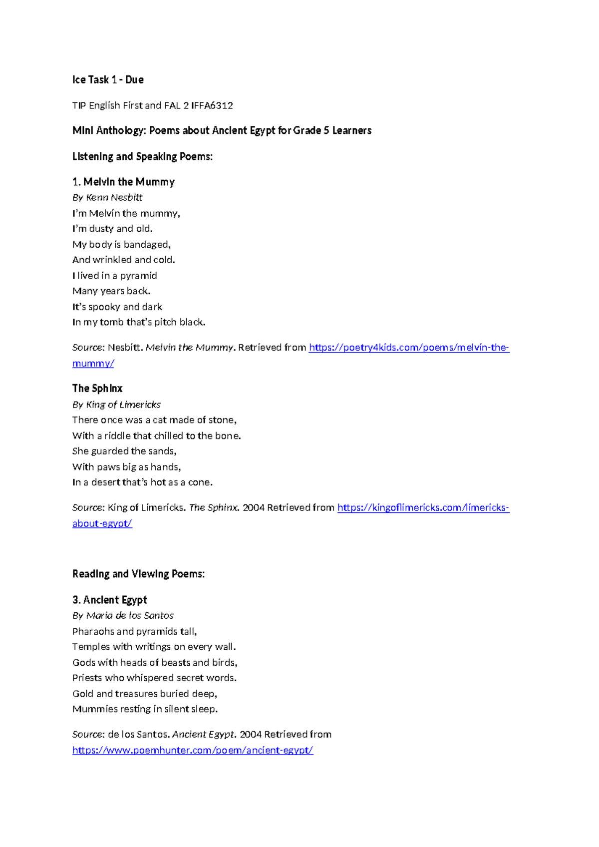 Mini Anthology: Poems on Ancient Egypt for Grade 5 IFFA6312 - Studocu