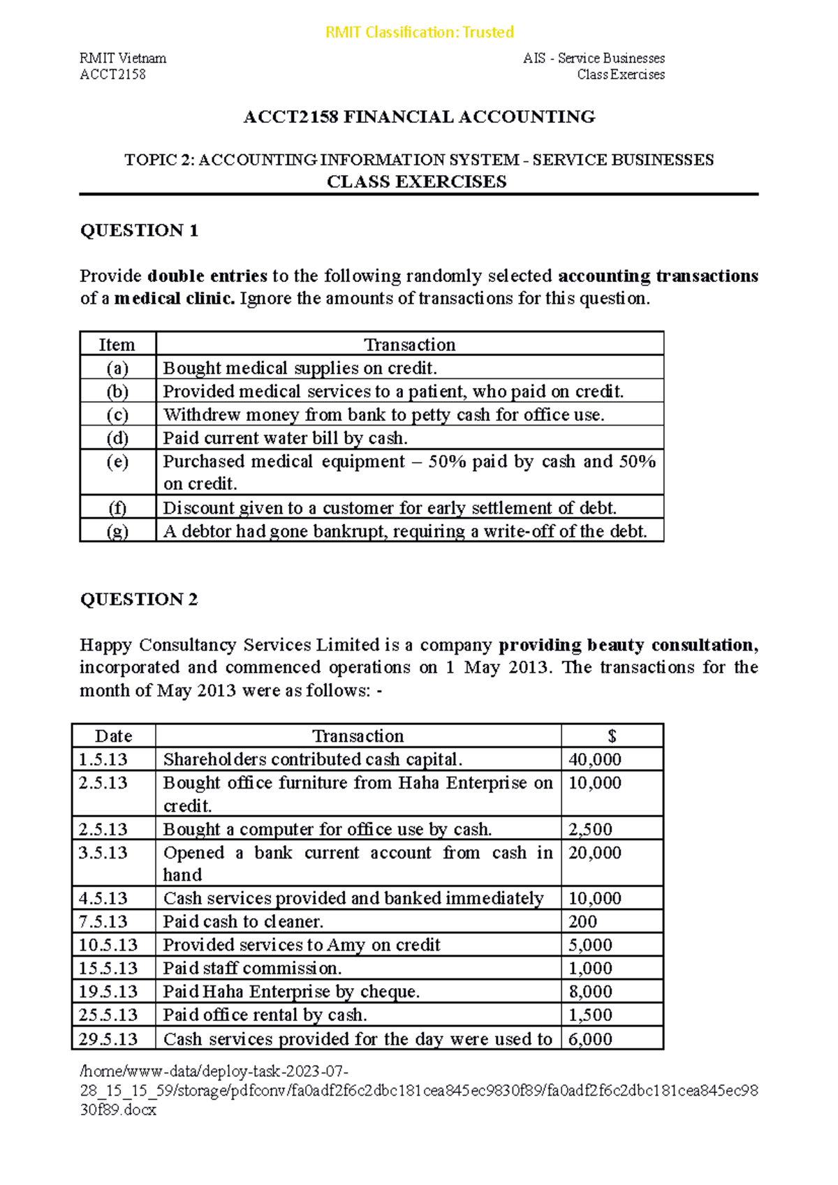 Class Exercises Topic 2 - RMIT Vietnam AIS - Service Businesses ...
