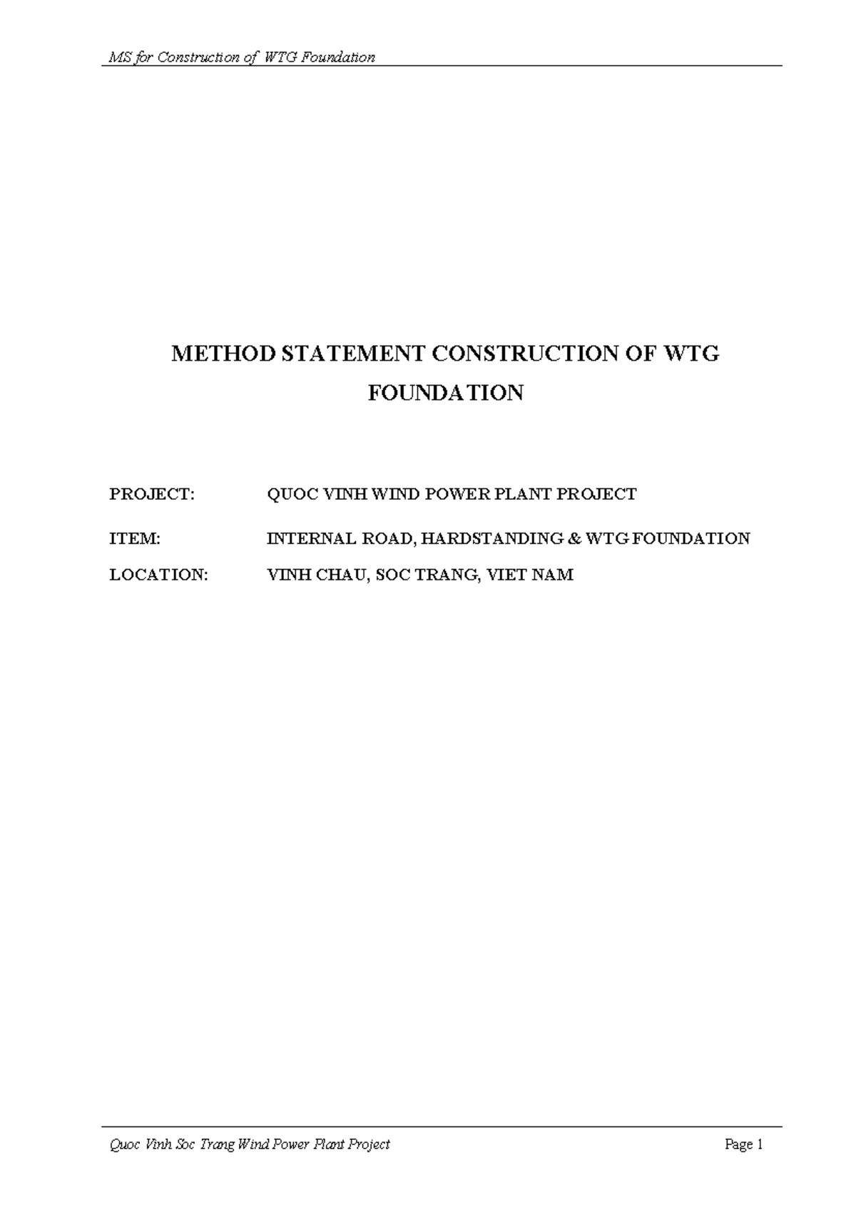 Method Statement for WTG Construction - Project Quoc Vinh WPP - Studocu