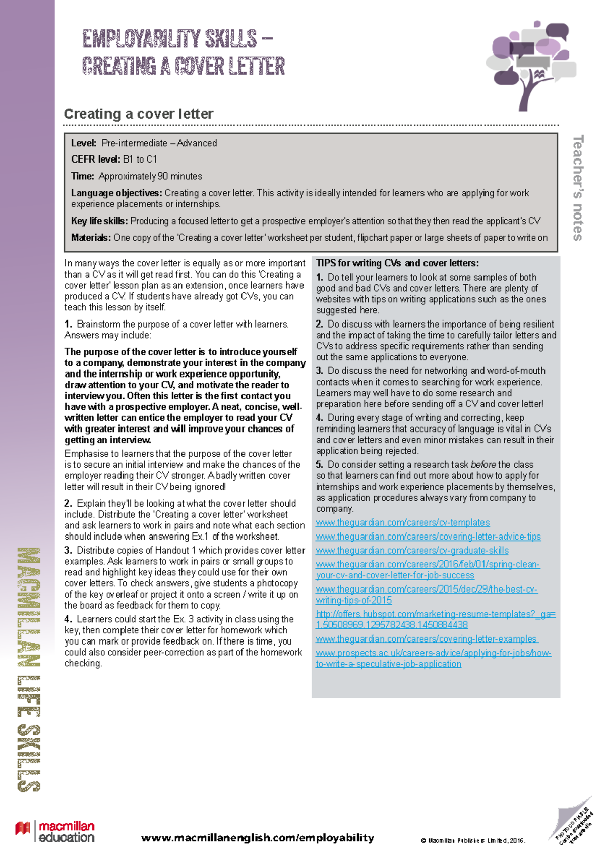 EMPLOYABILITY SKILLS: CREATING A COVER LETTER (ADVANCED CEFR B1-C1 ...