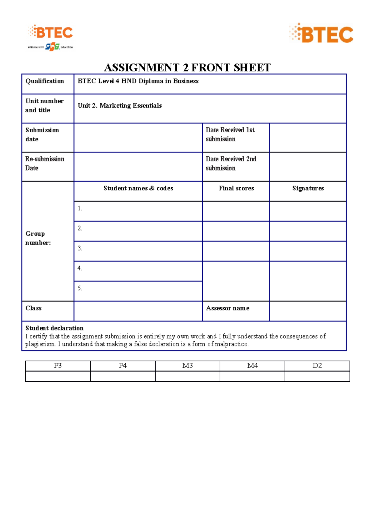 486 - Assignment 2 Frontsheet - ASSIGNMENT 2 FRONT SHEET Qualification BTEC Level 4 HND Diploma ...