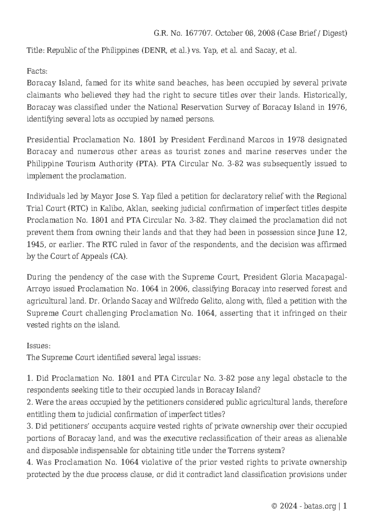 G.R. No. 167707 Case Digest: DENR vs. Yap on Boracay Land Rights - Studocu