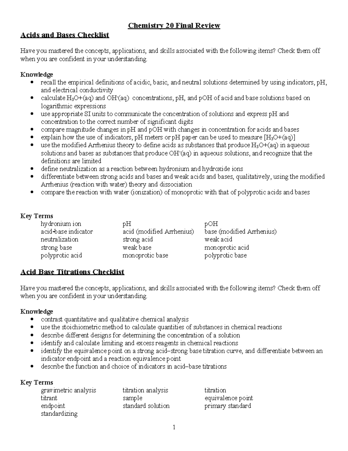 Chemistry 20 Final Review: Acids and Bases Mastery Checklist - Studocu